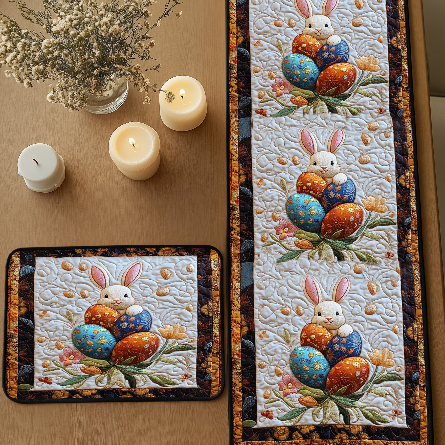 Easter Bunny Charm Quilted Table Runner and Quilted Place Mat Set NCU0 – Vantique