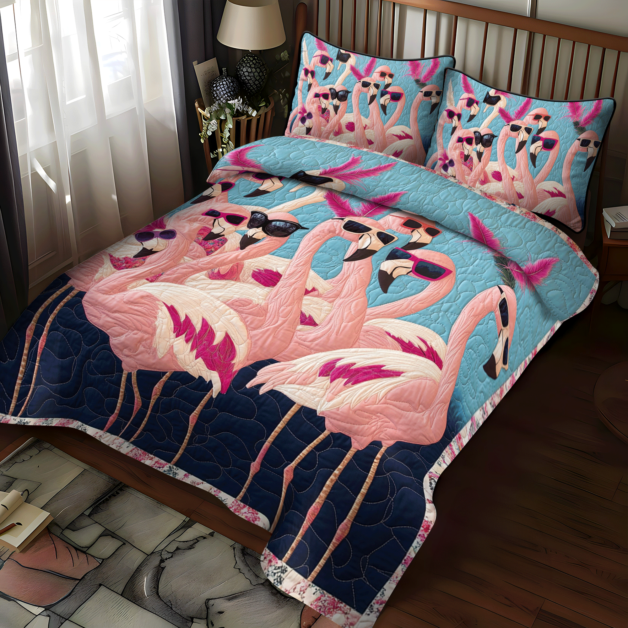 Flamingo Pattern 3-Piece Quilted Bedding Set NCU0PD509 – Vantique