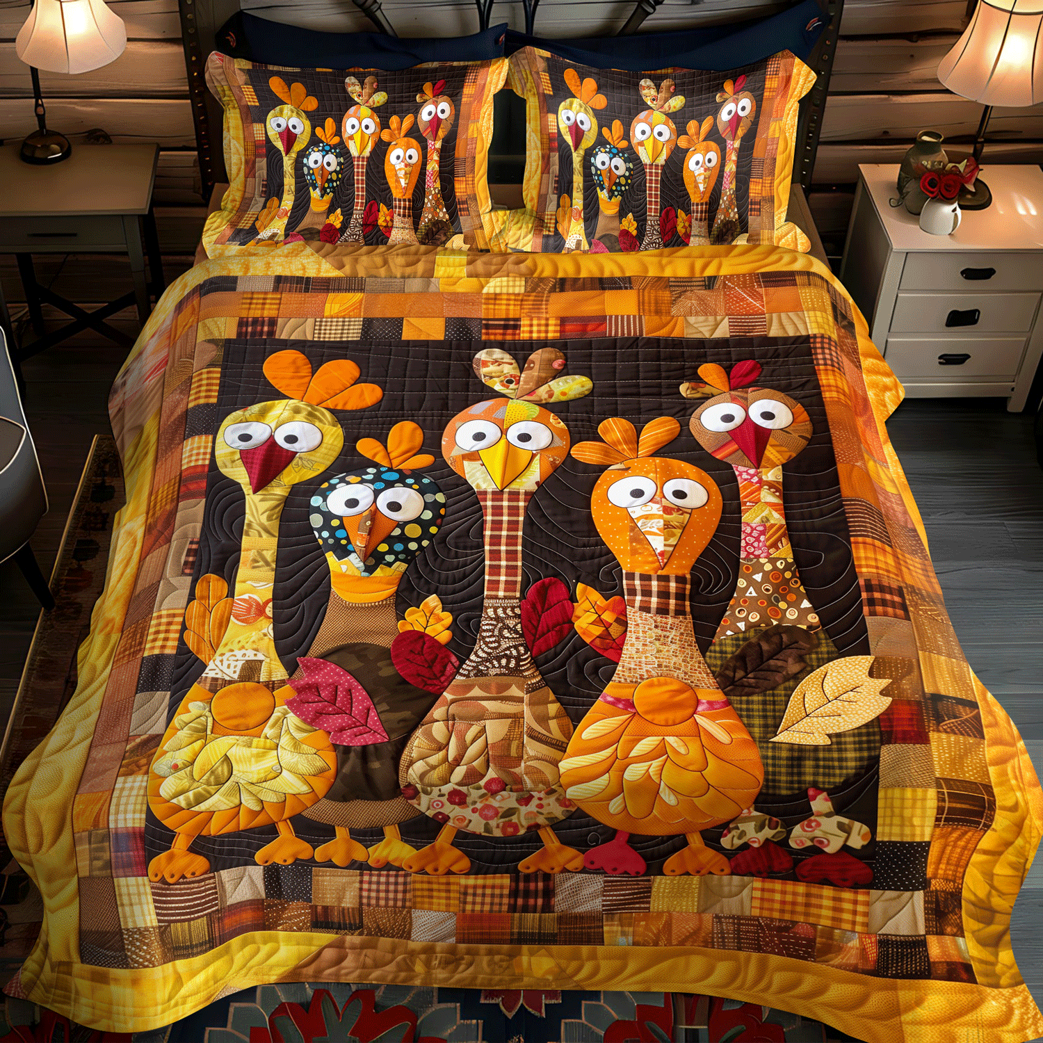 Funky Turkeys 3-Piece Quilted Bedding Set NCU0TH1103 – Vantique