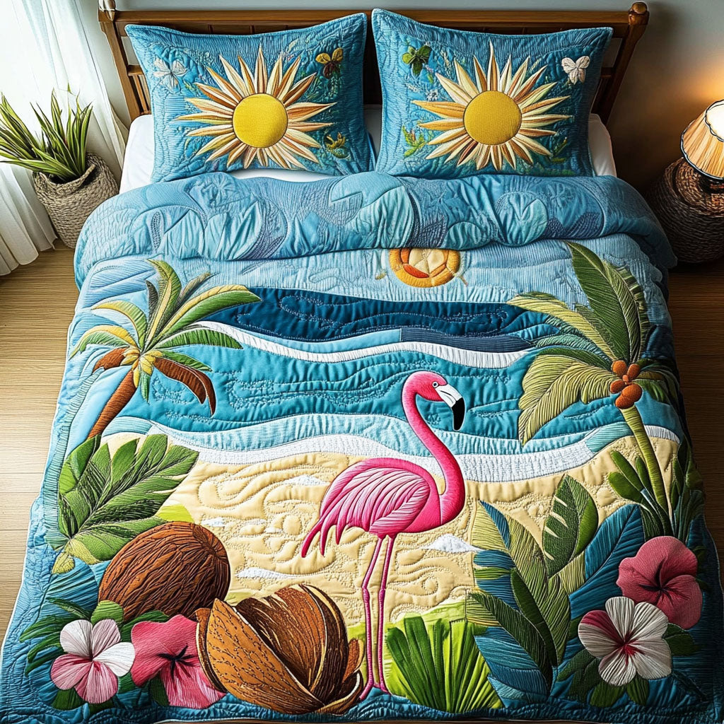 Sunset Flamingo 3-Piece Quilted Bedding Set NCU0NT5307 – Vantique