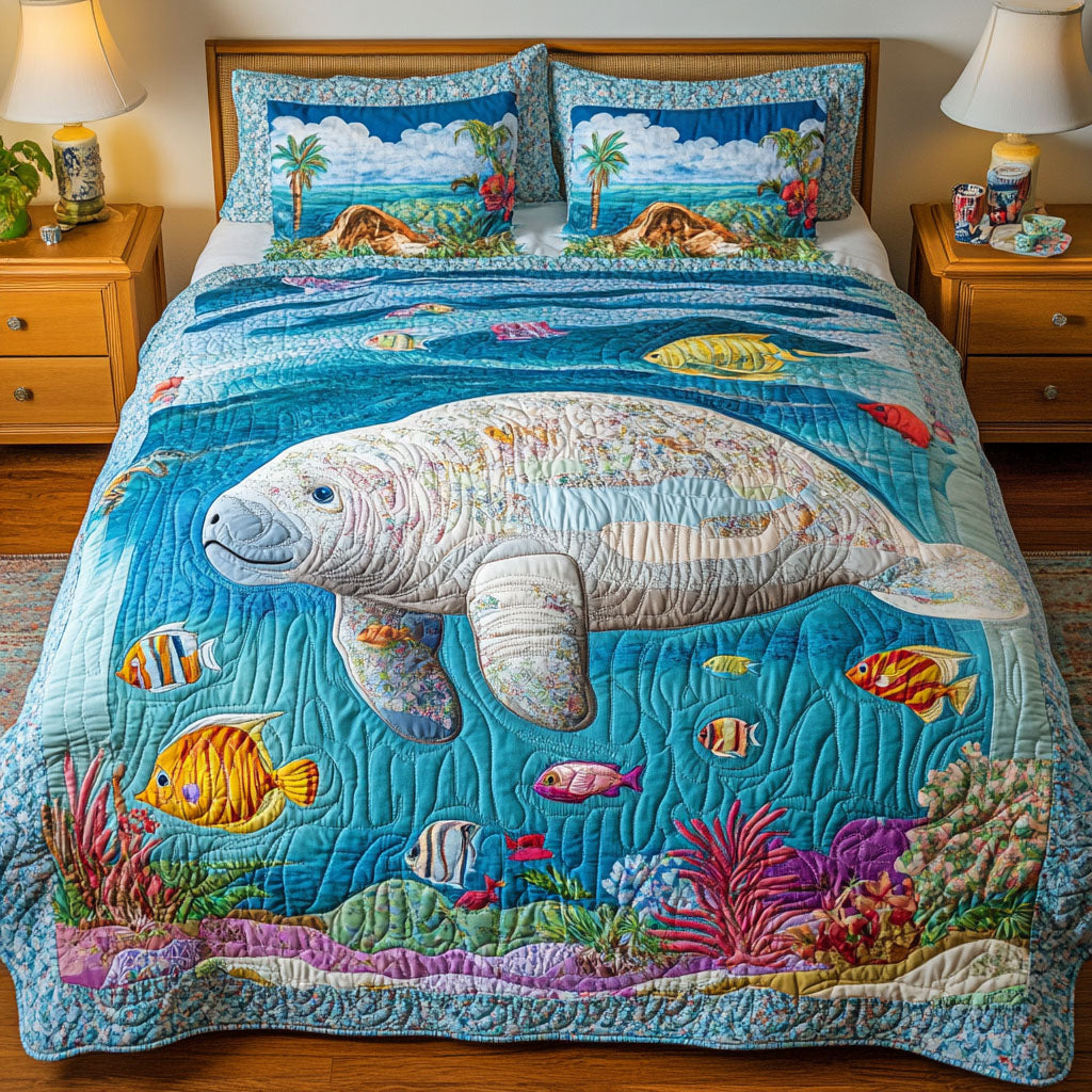 Tropical Paradise Manatee 3-Piece Quilted Bedding Set NCU0NT2887 – Vantique
