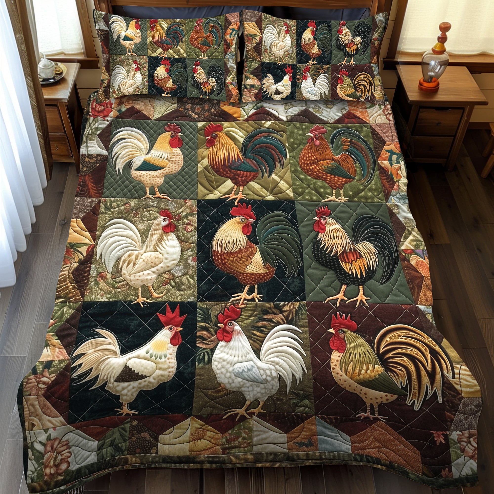Barnyard Rooster 3-Piece Quilted Bedding Set NCU0TH895 – Vantique