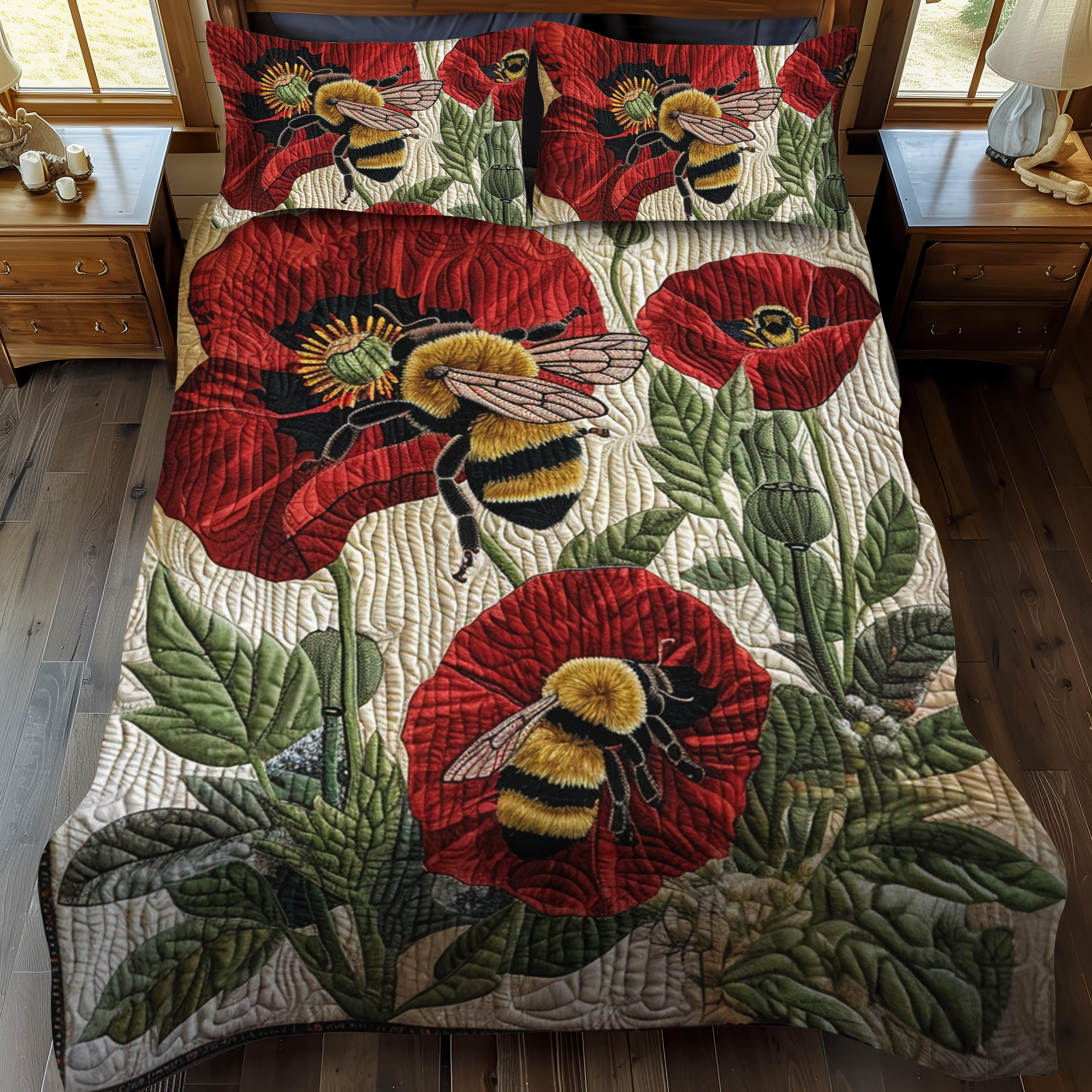 Bee-Kised Blooms 3-Piece Quilted Bedding Set NCU0NT005 – Vantique