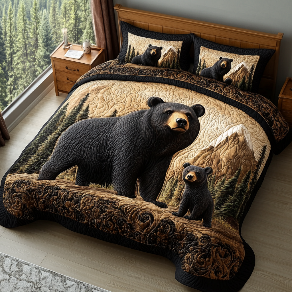 Black Bear Charm 3-Piece Quilted Bedding Set NCU0DV2771 – Vantique