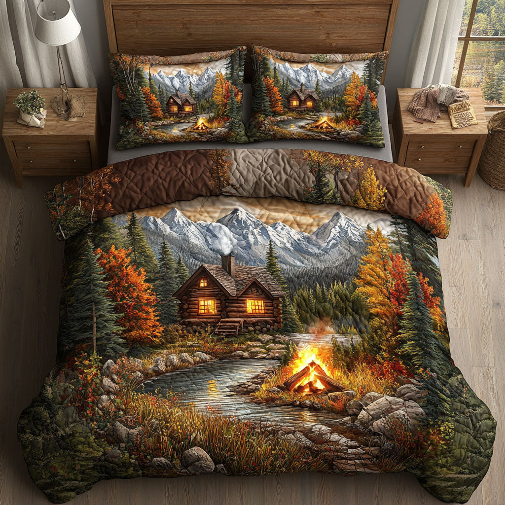 Cabin Campfire Mountains 3-Piece Quilted Bedding Set NCU0NT5163 – Vantique