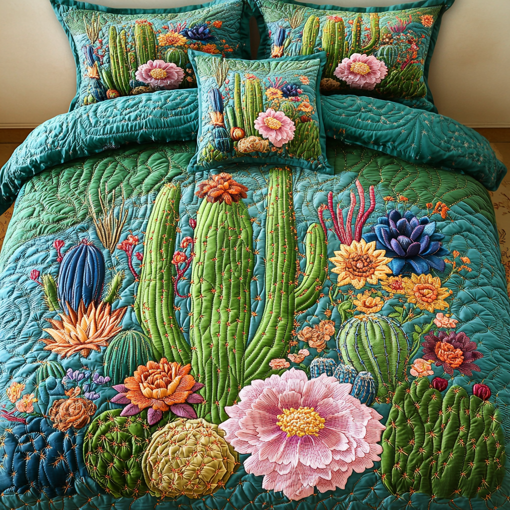 Cactus Garden Serenity 3-Piece Quilted Bedding Set NCU0VL1248 – Vantique