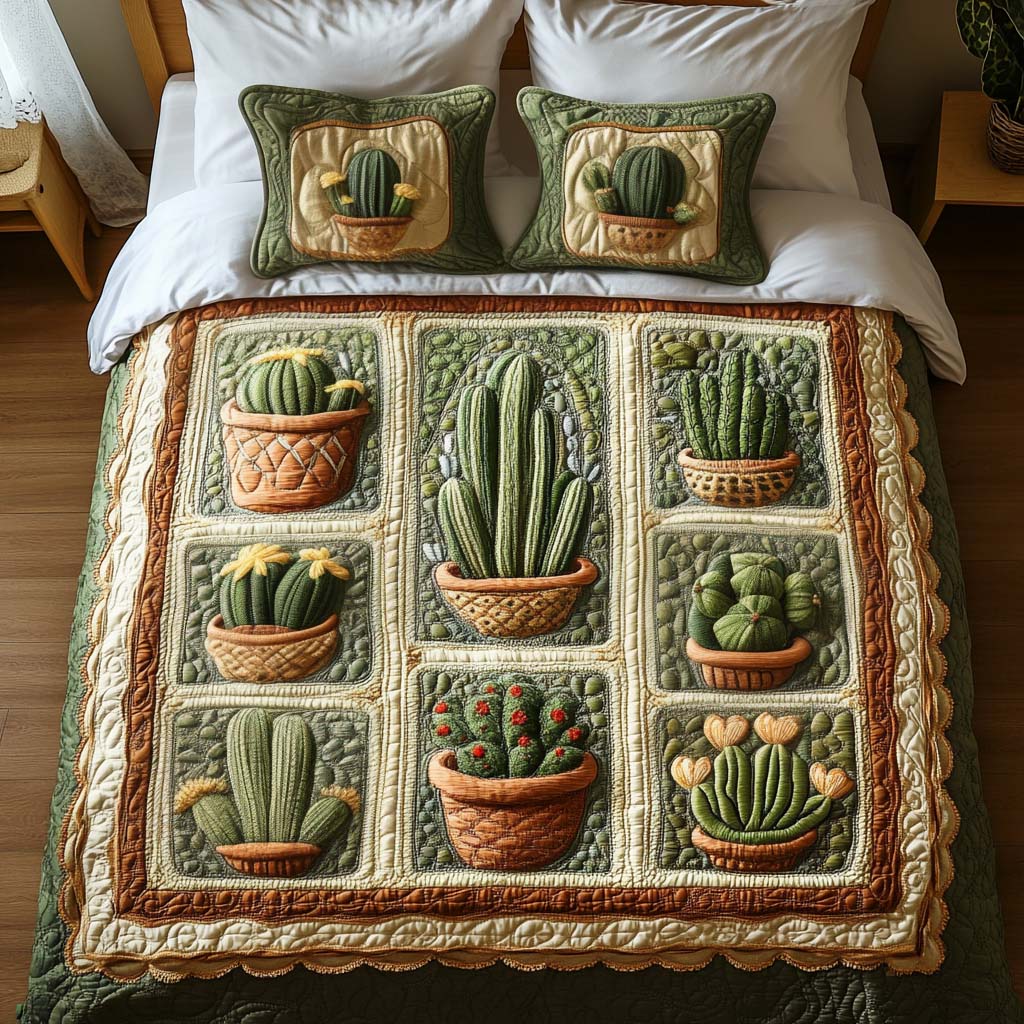 Cactus Pots 3-Piece Quilted Bedding Set NCU0NT2053 – Vantique