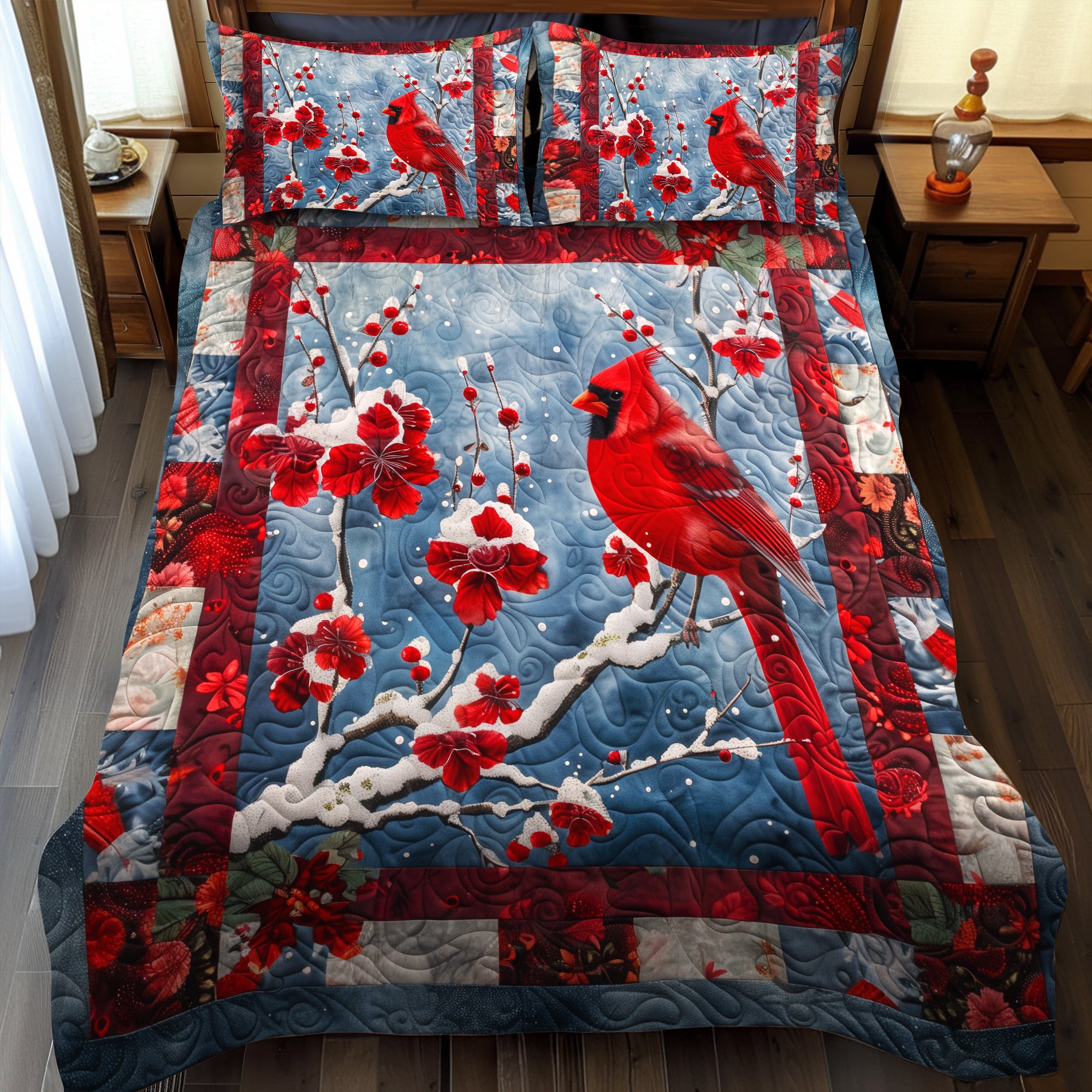 Cardinal In Snow 3-Piece Quilted Bedding Set NCU0TH924 – Vantique