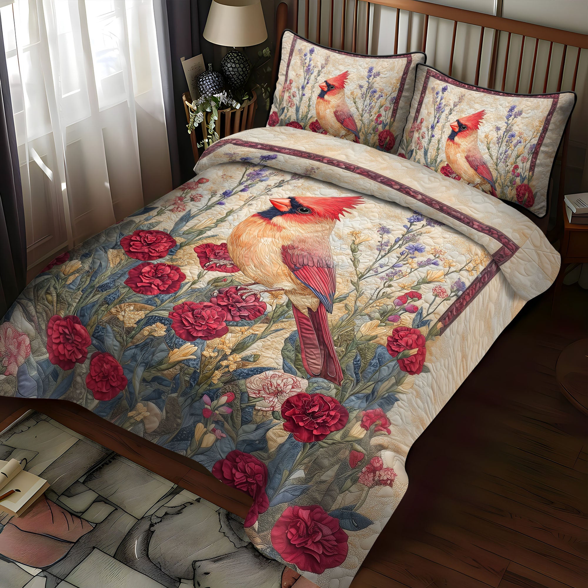 Cardinal and Carnations 3-Piece Quilted Bedding Set NCU0PT6172 – Vantique