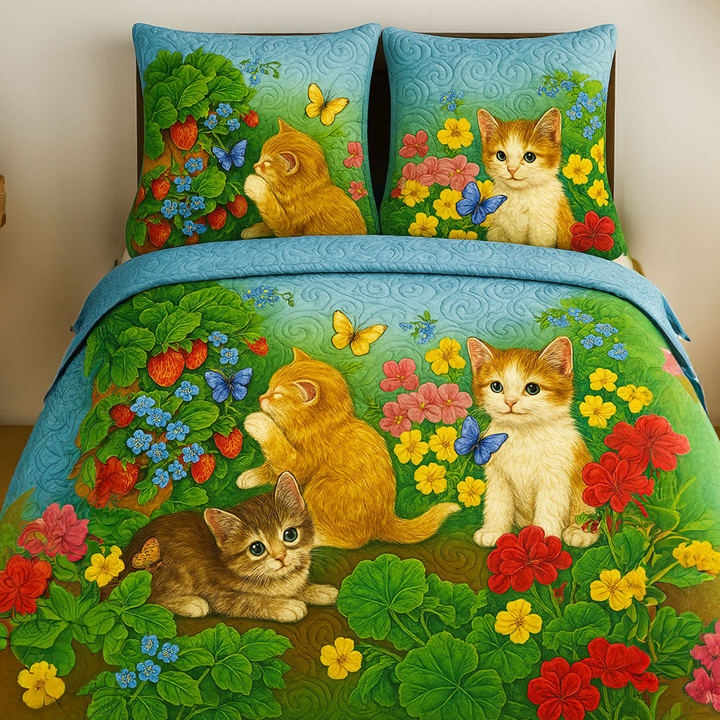Cat and Flowers 3-Piece Quilted Bedding Set NCU0NT5434 – Vantique