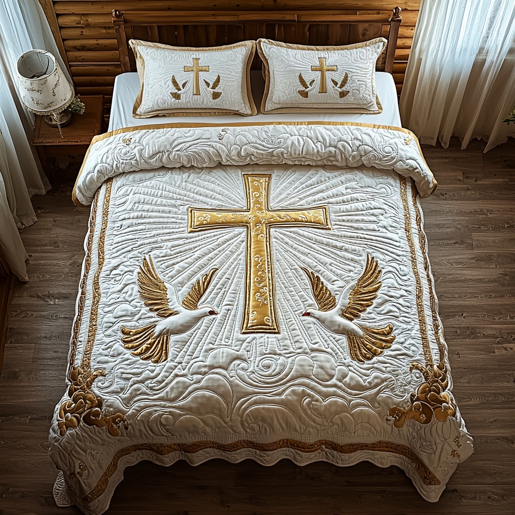 Christian Cross Light 3-Piece Quilted Bedding Set NCU0DV6253 – Vantique
