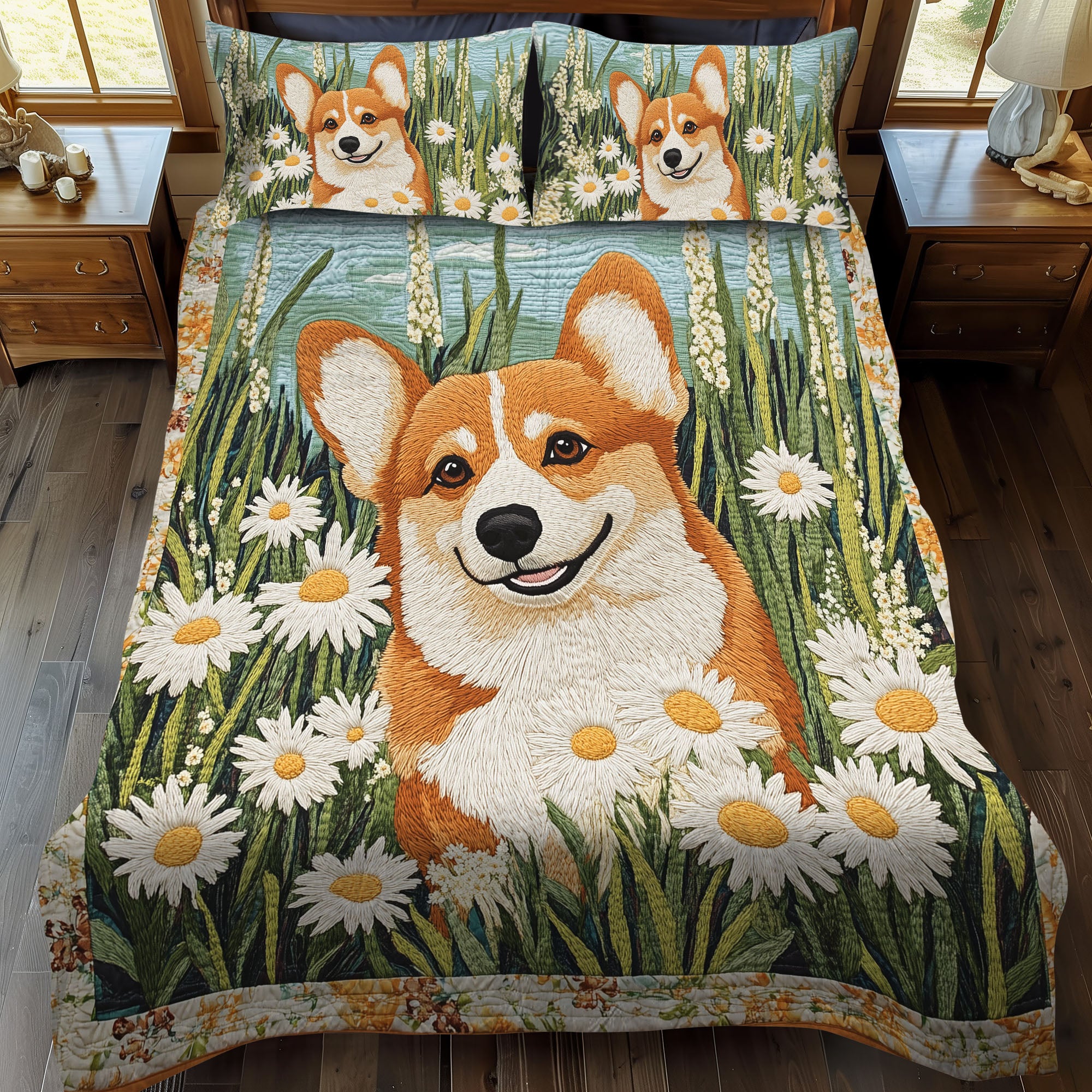 Corgi Floral Wonderland 3-Piece Quilted Bedding Set NCU0DK1608 – Vantique