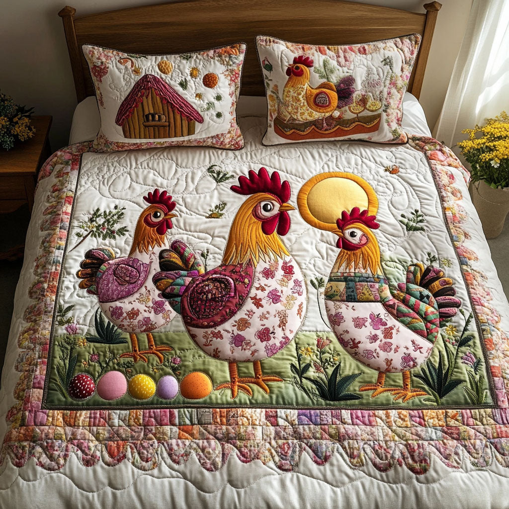 Country Chickens 3-Piece Quilted Bedding Set NCU0NT4000 – Vantique