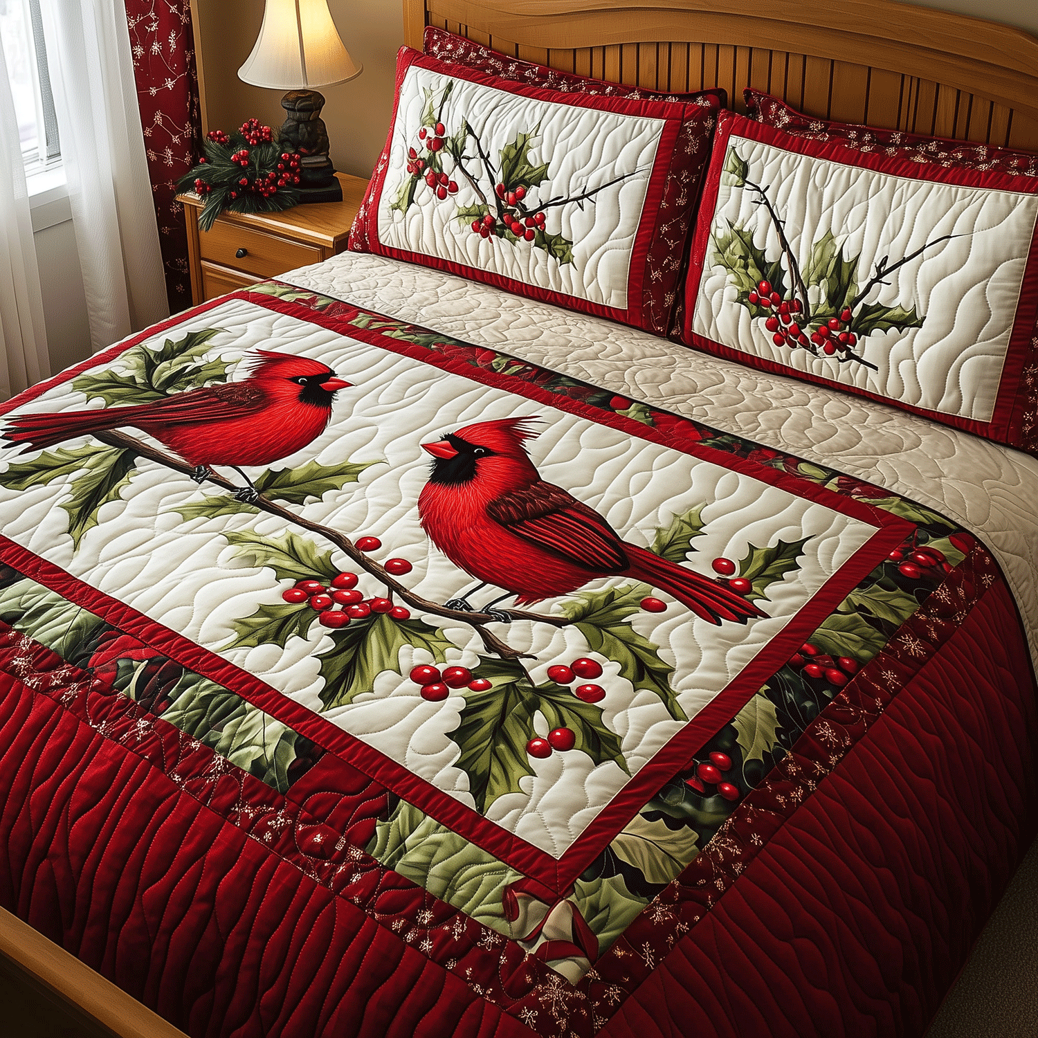 Cozy Cardinal Pair 3-Piece Quilted Bedding Set NCU0TH2085 – Vantique