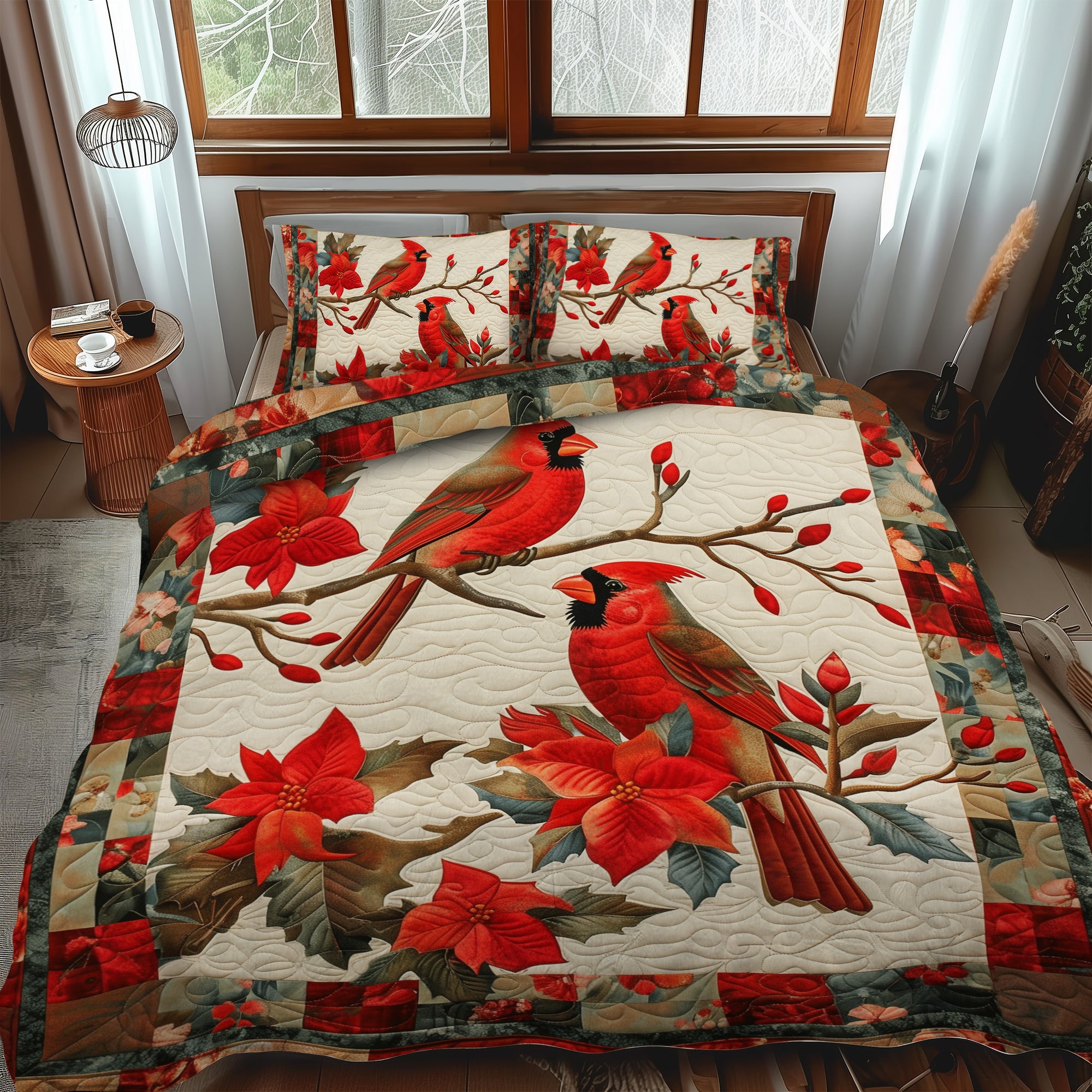 Festive Cardinal 3-Piece Quilted Bedding Set NCU0TH921 – Vantique