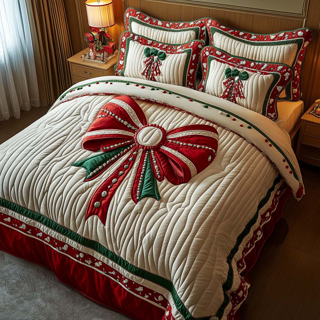 Festive Bow Elegance 3-Piece Quilted Bedding Set NCU0XD428 – Vantique