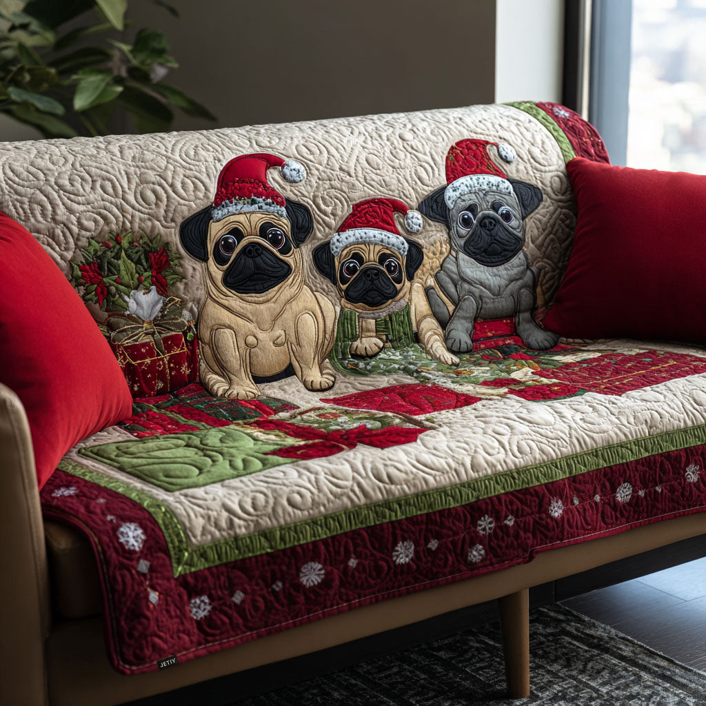 Festive Pug Trio Quilted Sofa Cover NCU0PT9811 – Vantique