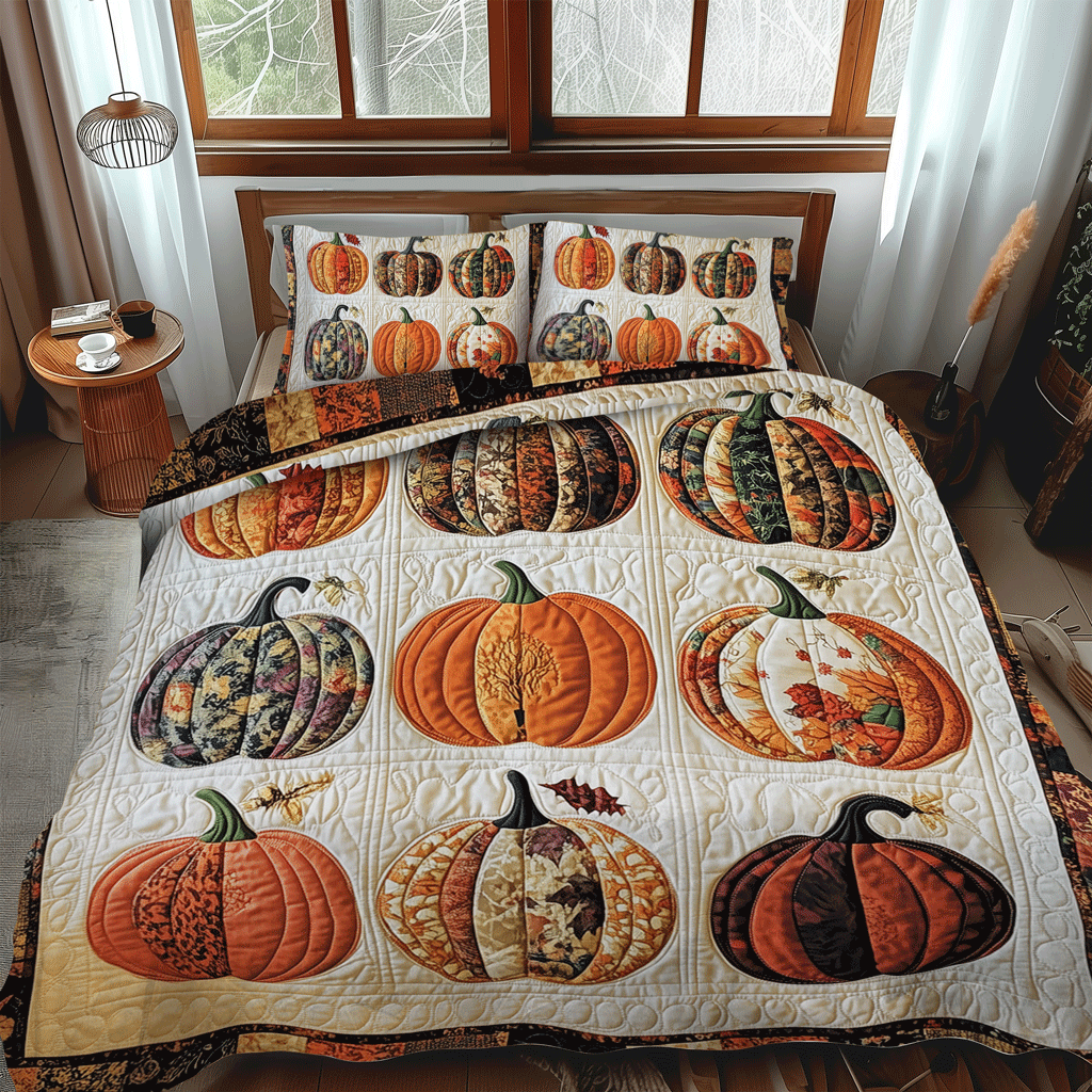 Festive Pumpkin 3-Piece Quilted Bedding Set NCU0TH1852 – Vantique