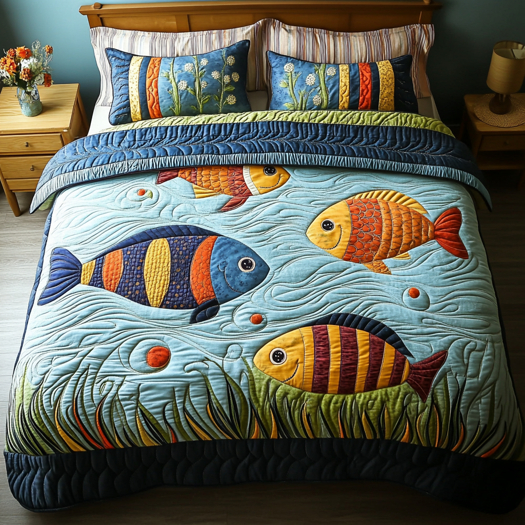 Fishy Patterns 3-Piece Quilted Bedding Set NCU0DK6284 – Vantique