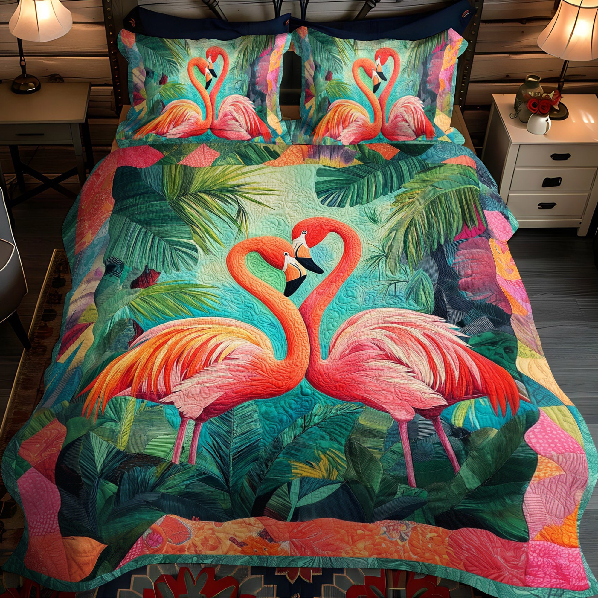 Flamingo Love 3-Piece Quilted Bedding Set NCU0TL886 – Vantique