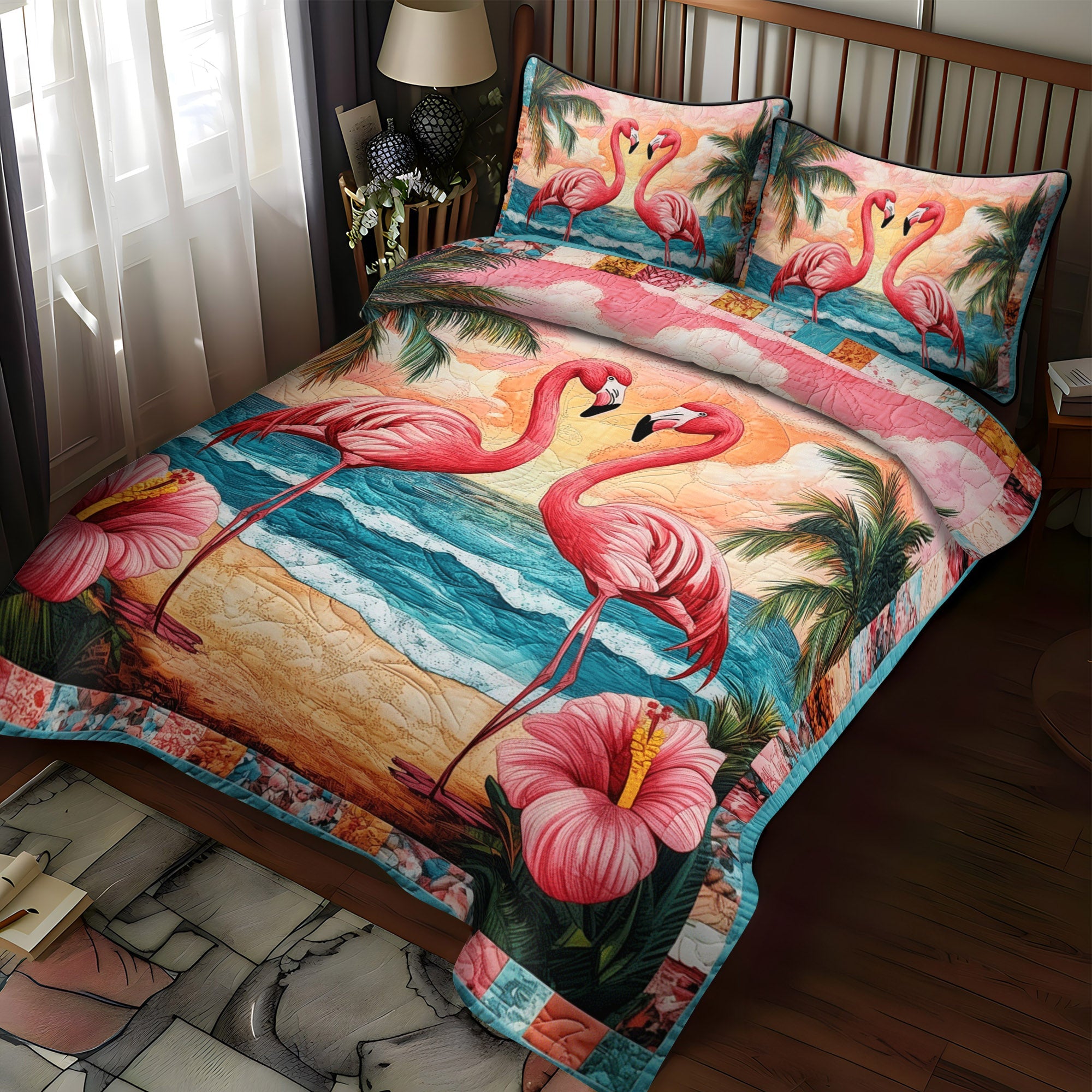 Flamingo Oasis 3-Piece Quilted Bedding Set NCU0TL888 – Vantique