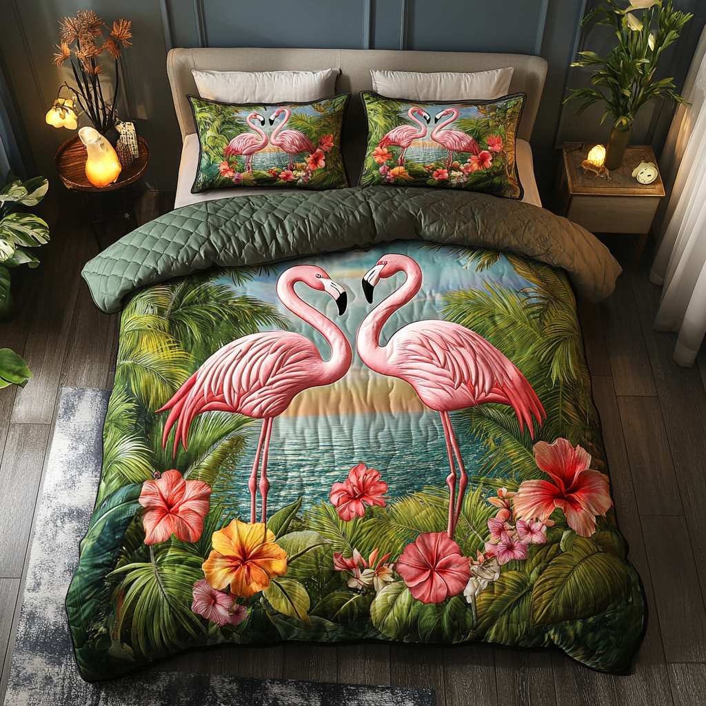 Flamingo Paradise 3-Piece Quilted Bedding Set NCU0DK5881 – Vantique