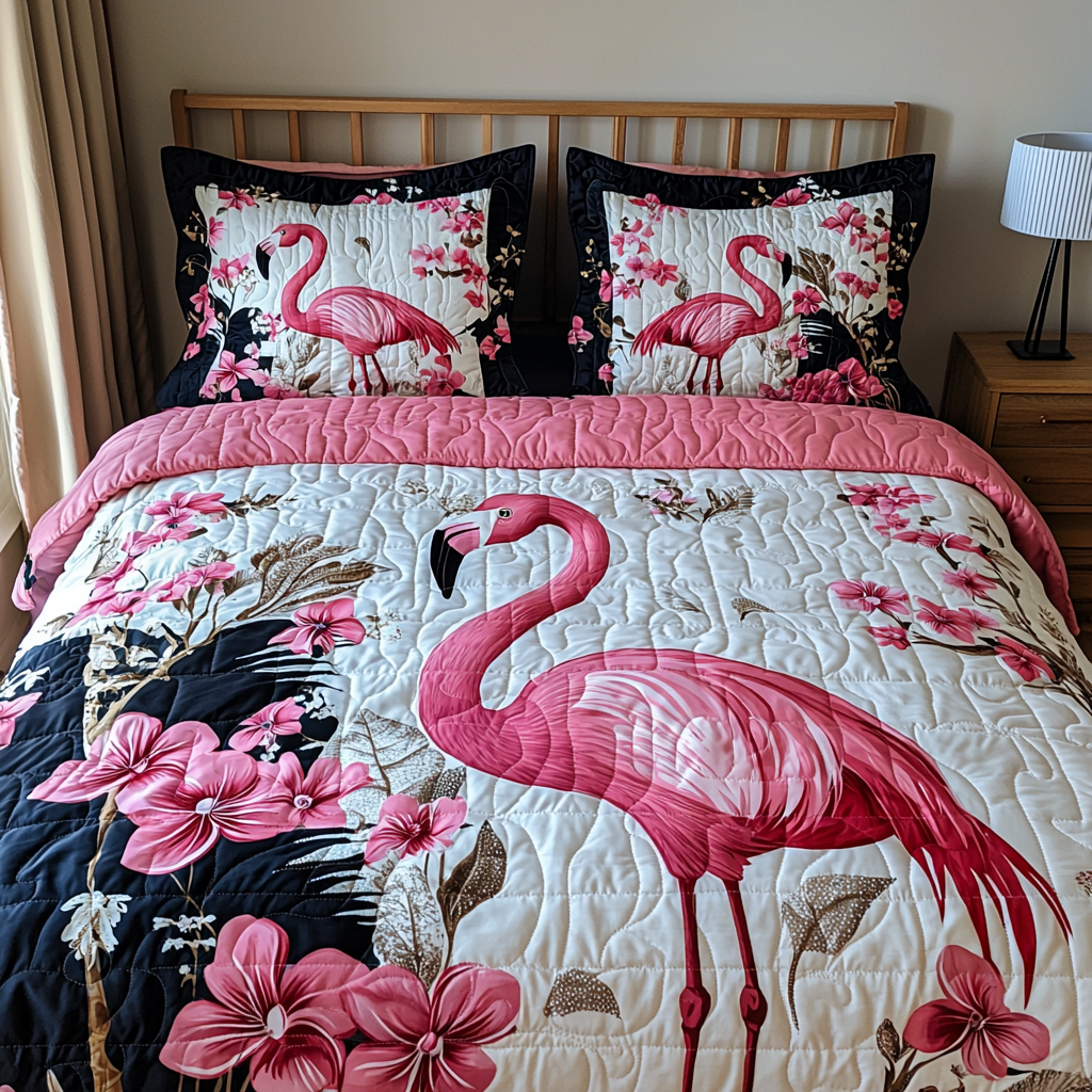 Floral Flamingo 3-Piece Quilted Bedding Set NCU0DV6132 – Vantique