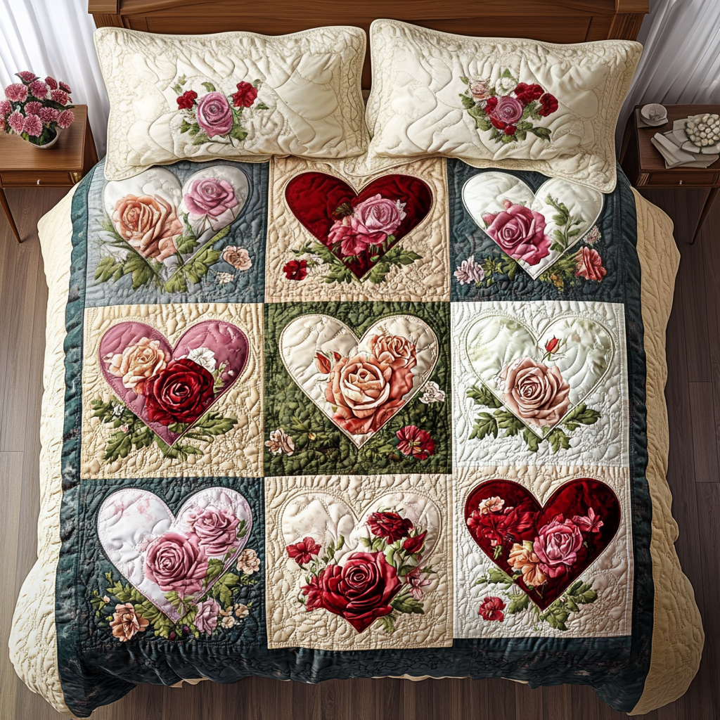 Floral Heart Trails 3-Piece Quilted Bedding Set NCU0DV2737 – Vantique