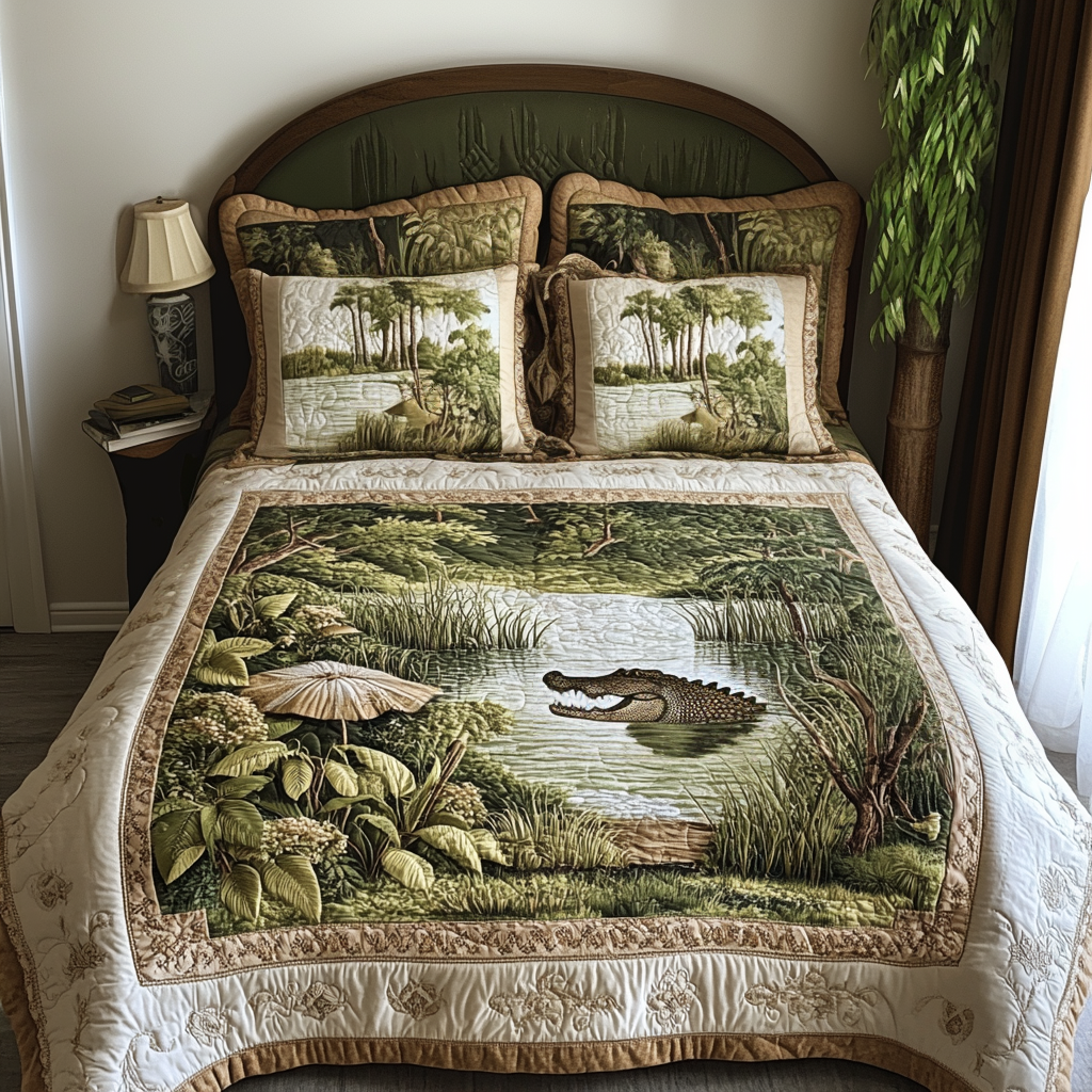 Florida Swamp Gator 3-Piece Quilted Bedding Set NCU0DV5364 – Vantique