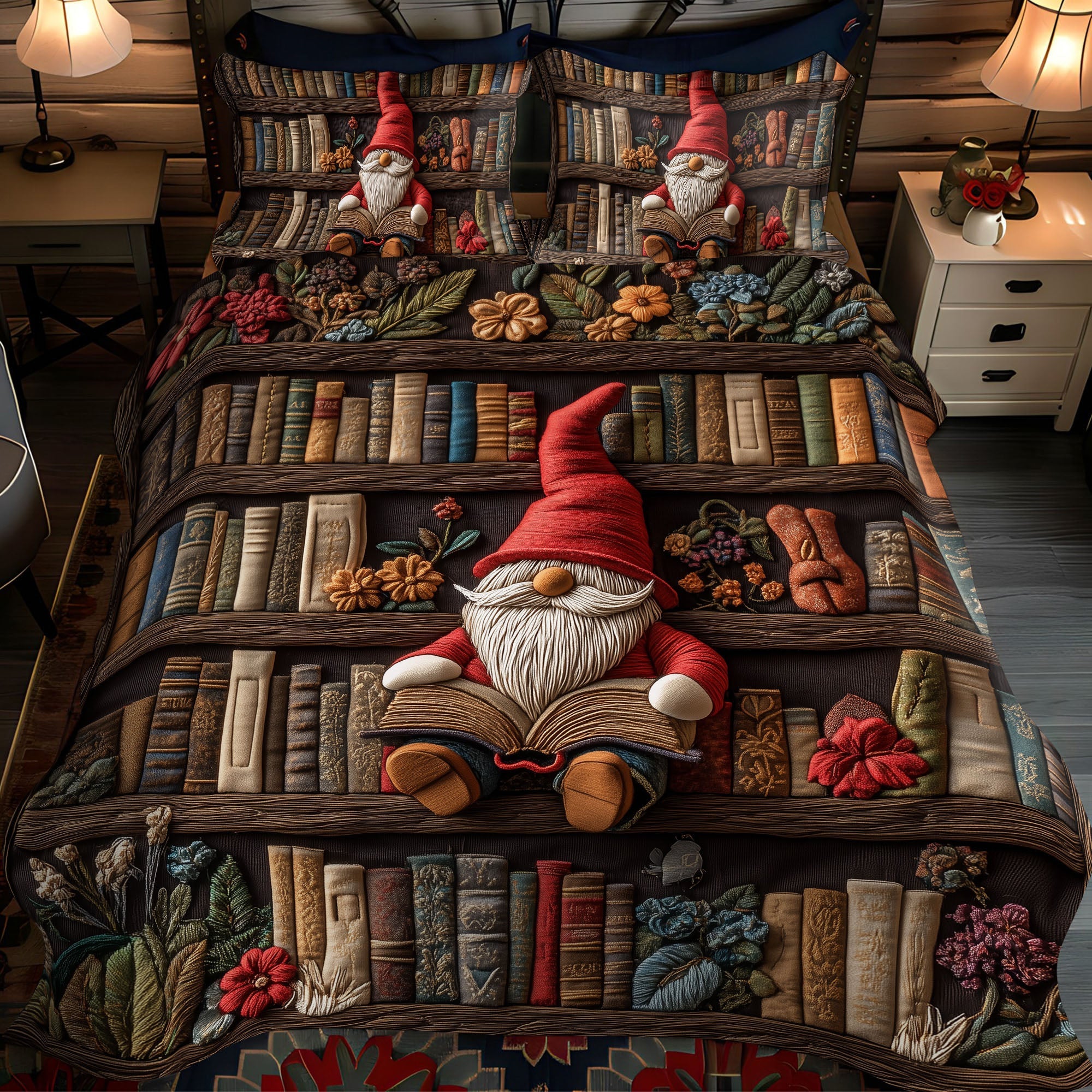 Gnome in the Stacks 3-Piece Quilted Bedding Set NCU0PT3180 – Vantique