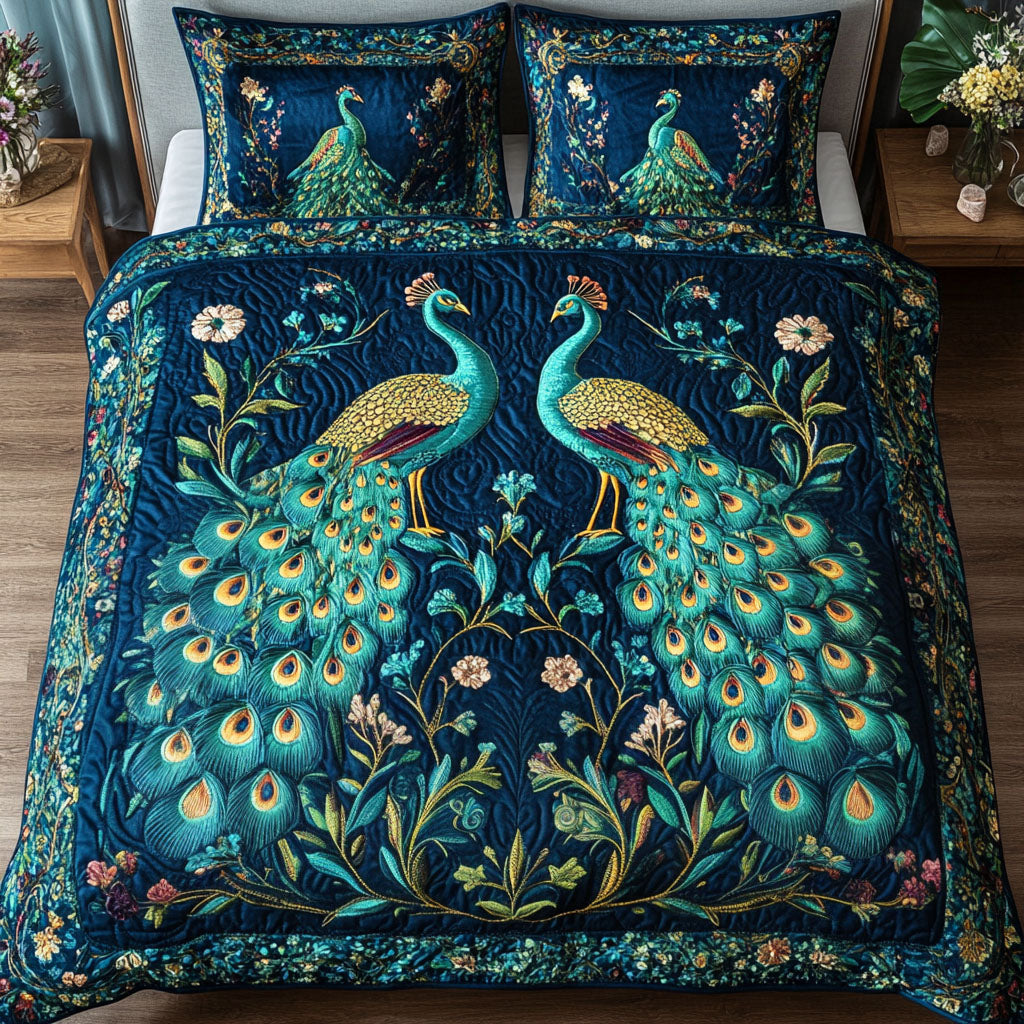 Golden Peacocks 3-Piece Quilted Bedding Set NCU0NT3081 – Vantique
