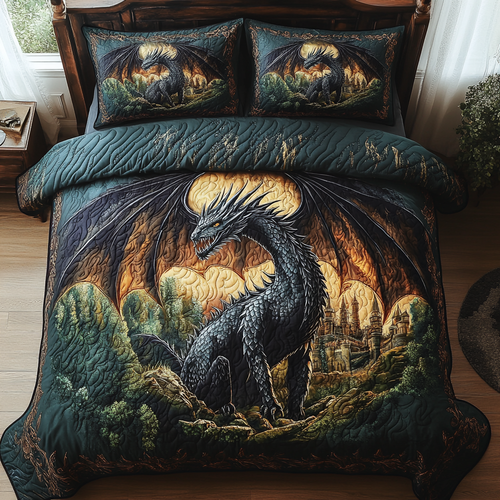 Golden Wyrm 3-Piece Quilted Bedding Set NCU0DV3971 – Vantique