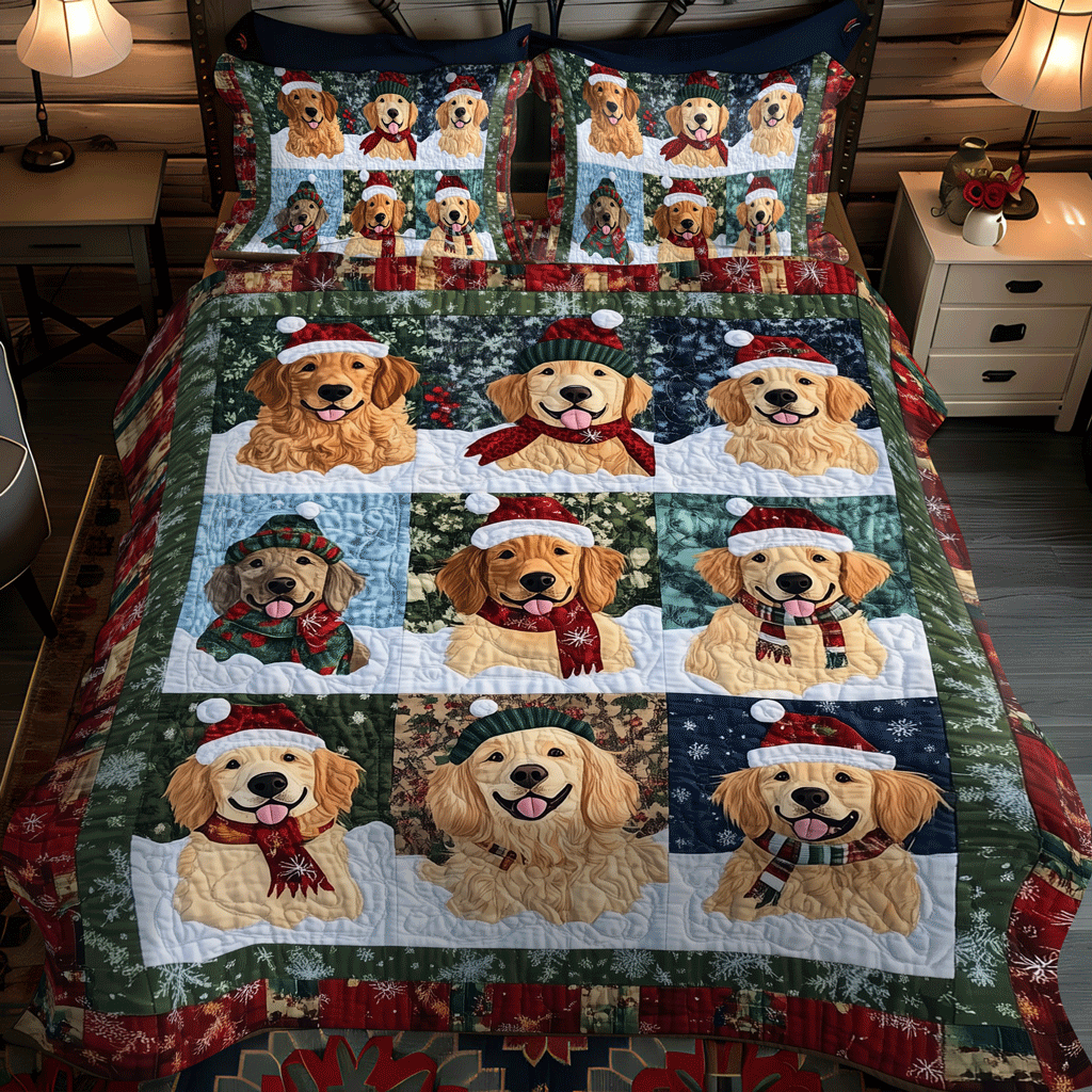 Golden Yuletide 3-Piece Quilted Bedding Set NCU0TH1628 – Vantique