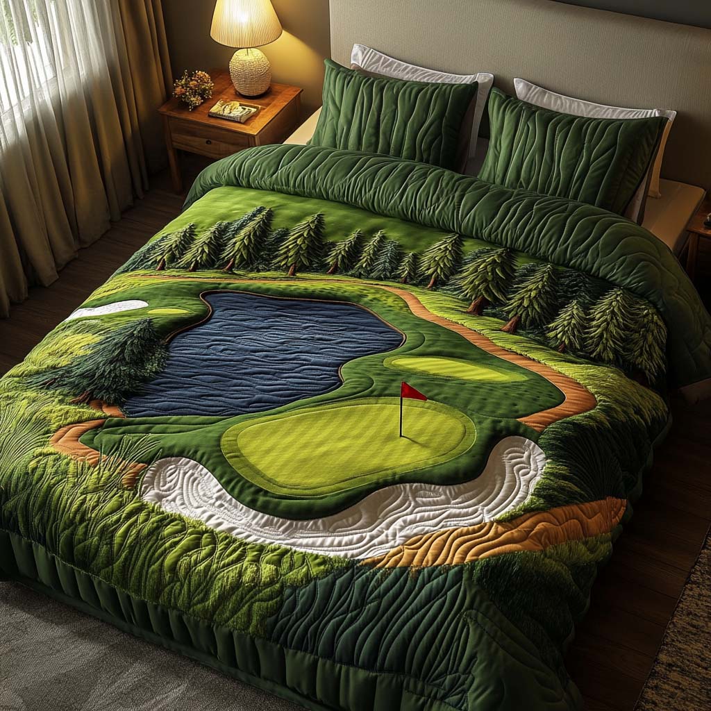 Green Horizon Golf Course 3-Piece Quilted Bedding Set NCU0NT7606 – Vantique