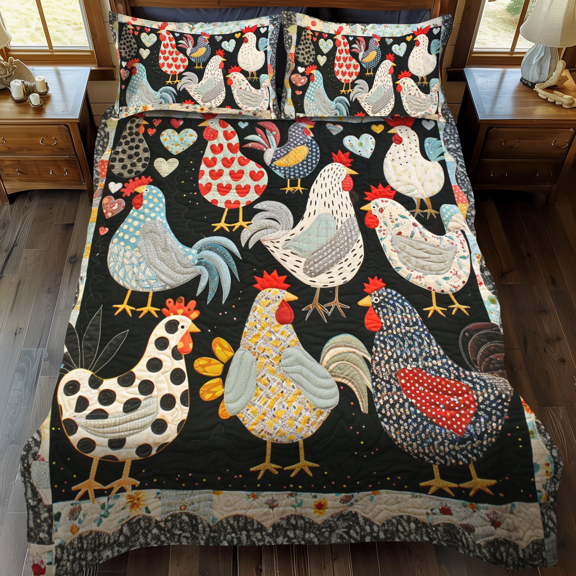 Heart Chickens 3-Piece Quilted Bedding Set NCU0TH844 – Vantique