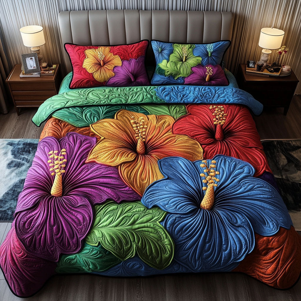 Hibiscus Carnival Colors 3-Piece Quilted Bedding Set NCU0NT5860 – Vantique