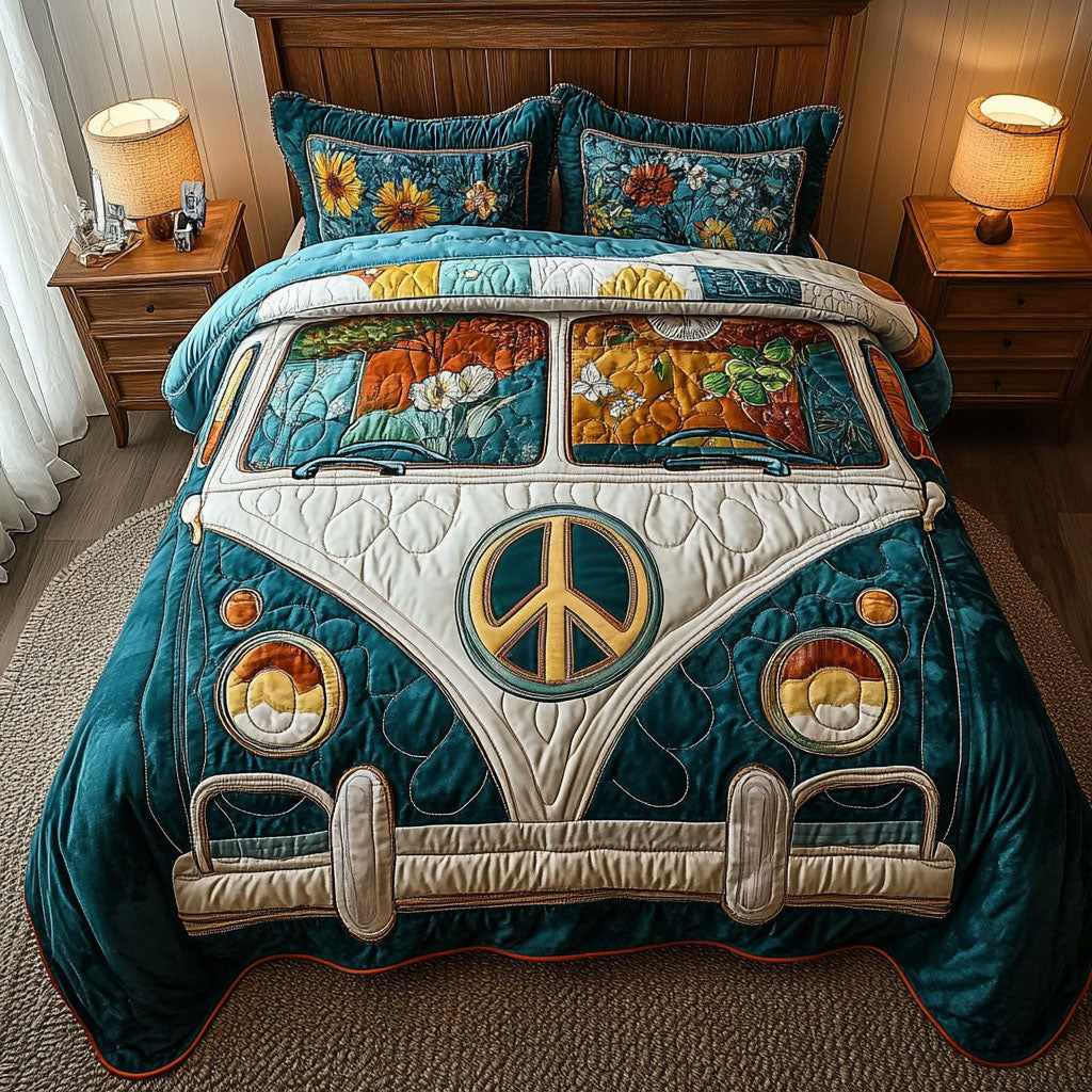 Hippie Bus Teal 3-Piece Quilted Bedding Set NCU0NT4256 – Vantique