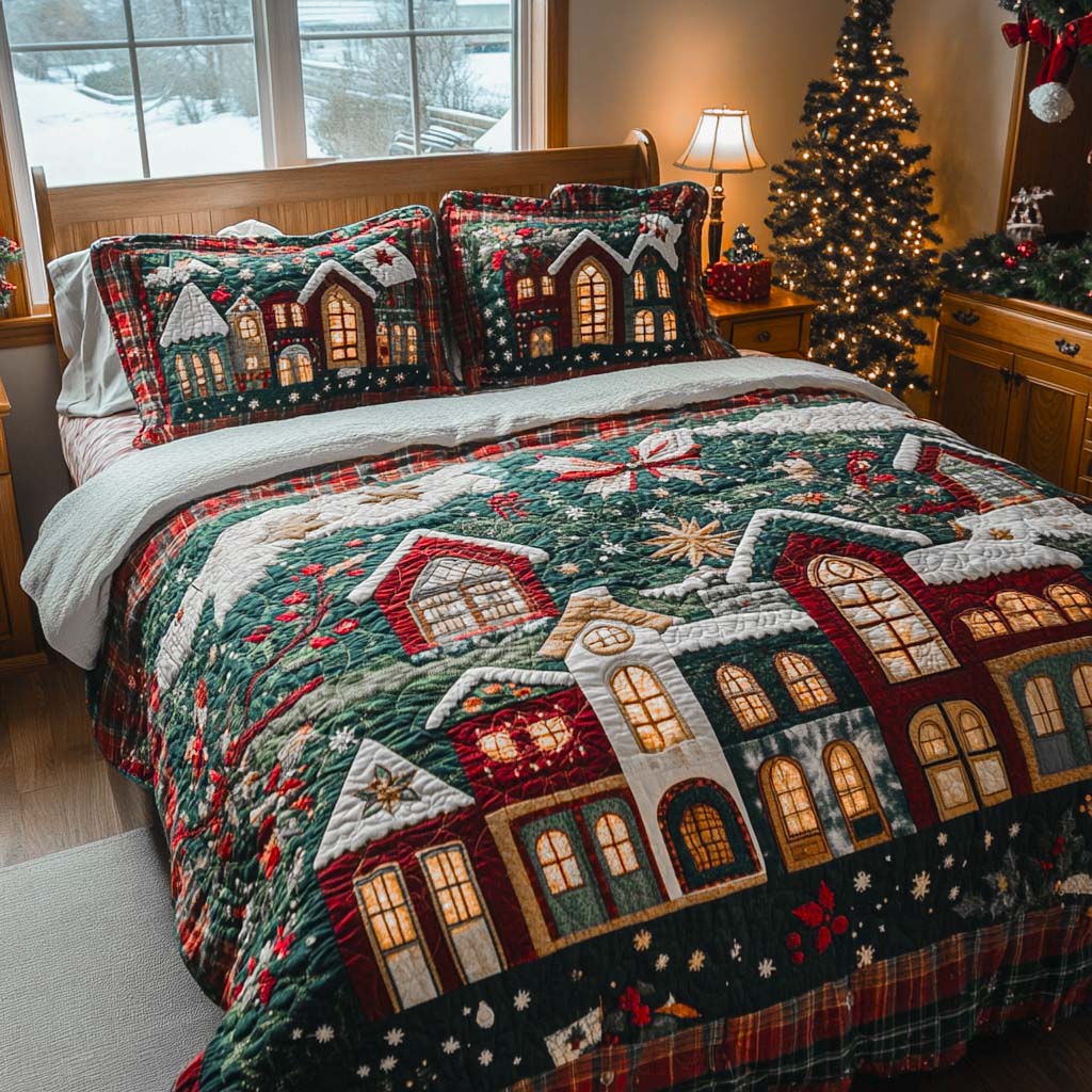 Holiday Cottage Lights 3-Piece Quilted Bedding Set NCU0XD150 – Vantique