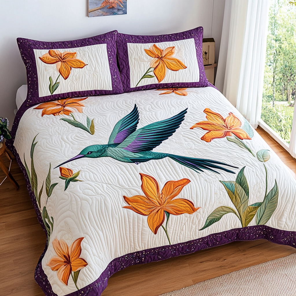 Hummingbird Melody 3-Piece Quilted Bedding Set NCU0DV5986 – Vantique