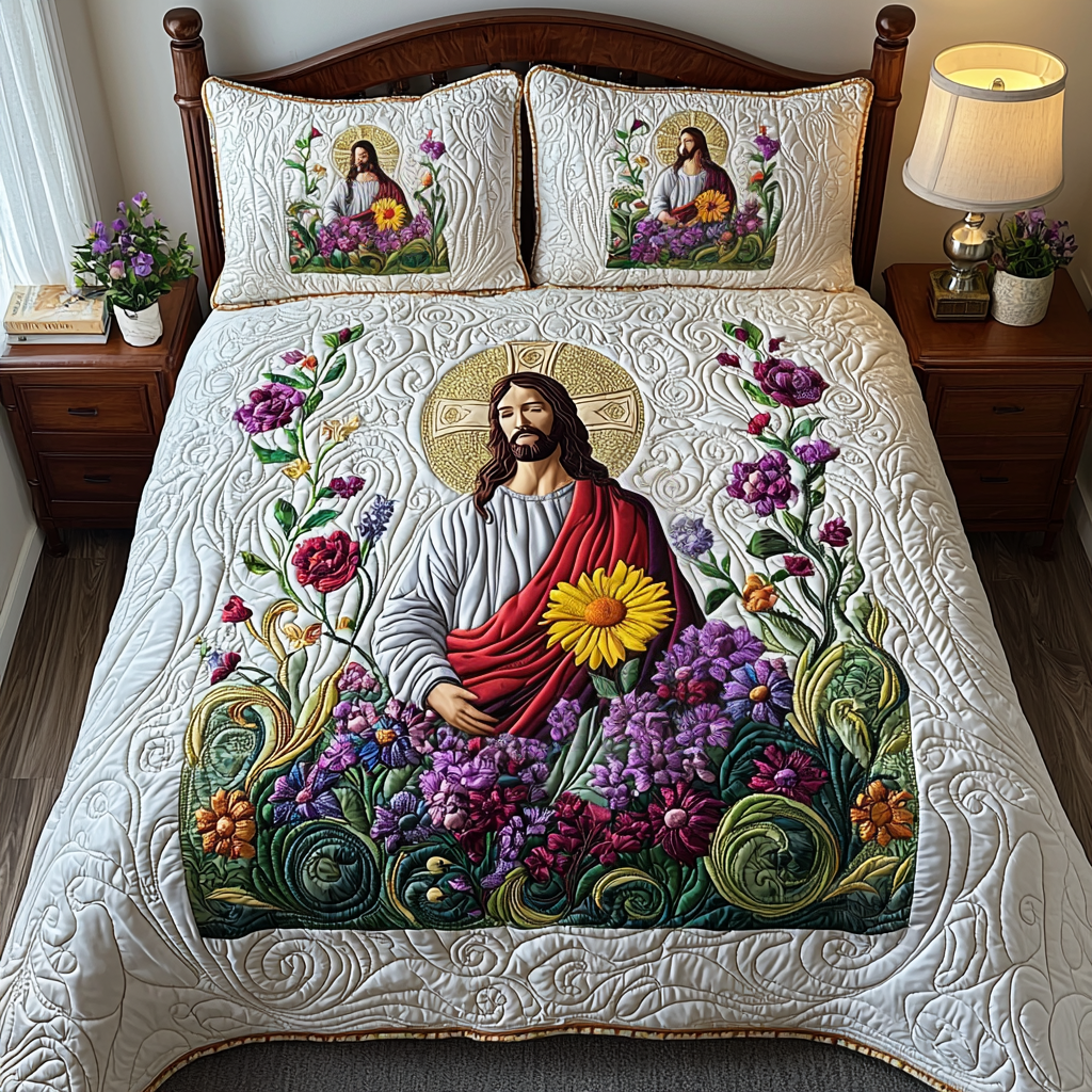 Jesus in the Garden 3-Piece Quilted Bedding Set NCU0DV6229 – Vantique