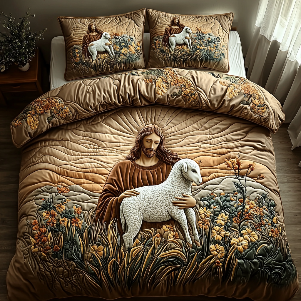 Jesus the Shepherd 3-Piece Quilted Bedding Set NCU0DV6227 – Vantique