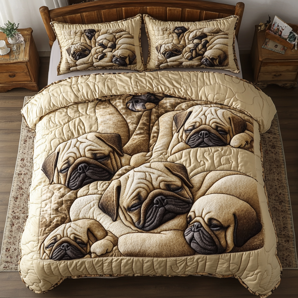 Lovely Pug 3-Piece Quilted Bedding Set NCU0DK9682 – Vantique