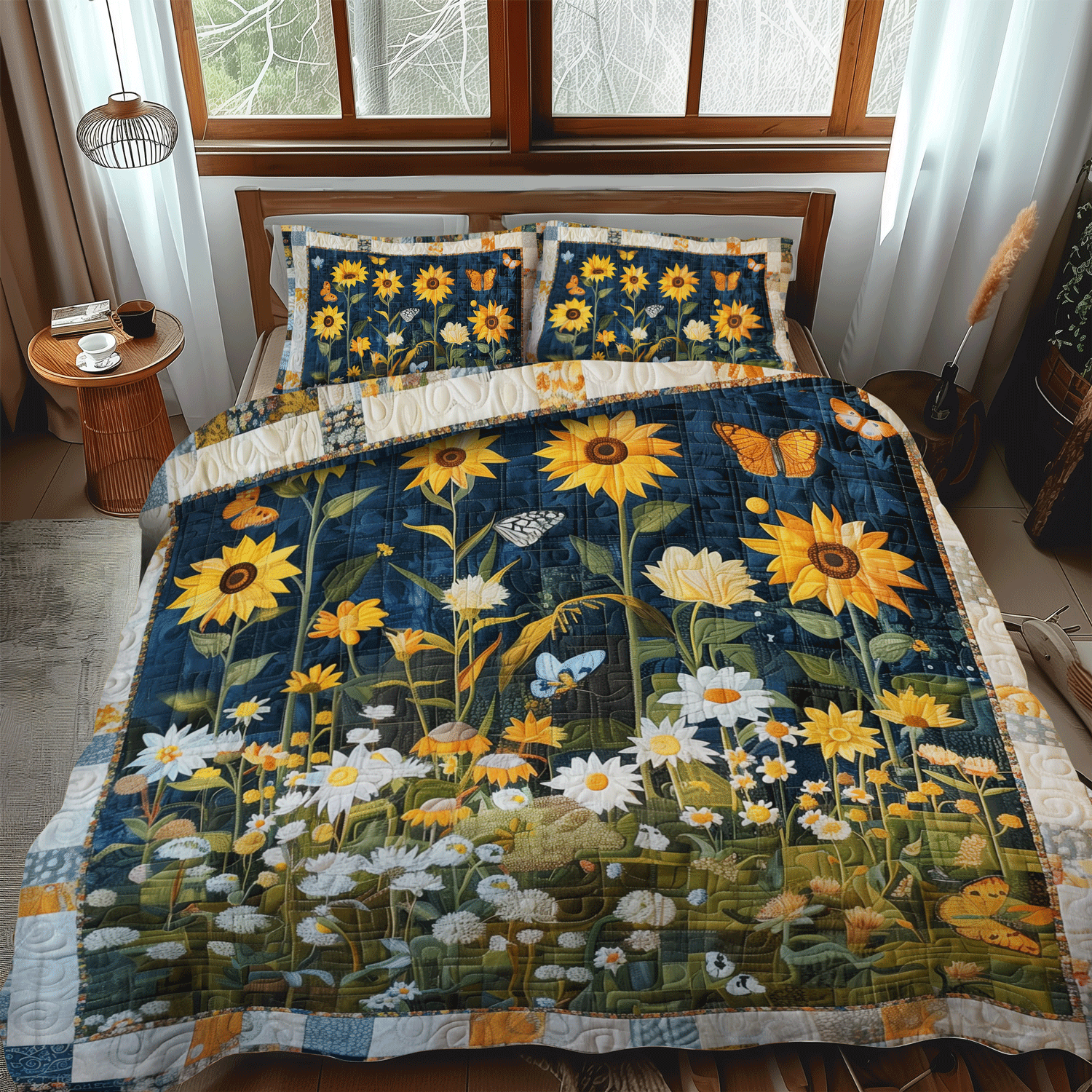 Midnight Sunflowers 3-Piece Quilted Bedding Set NCU0TH1002 – Vantique