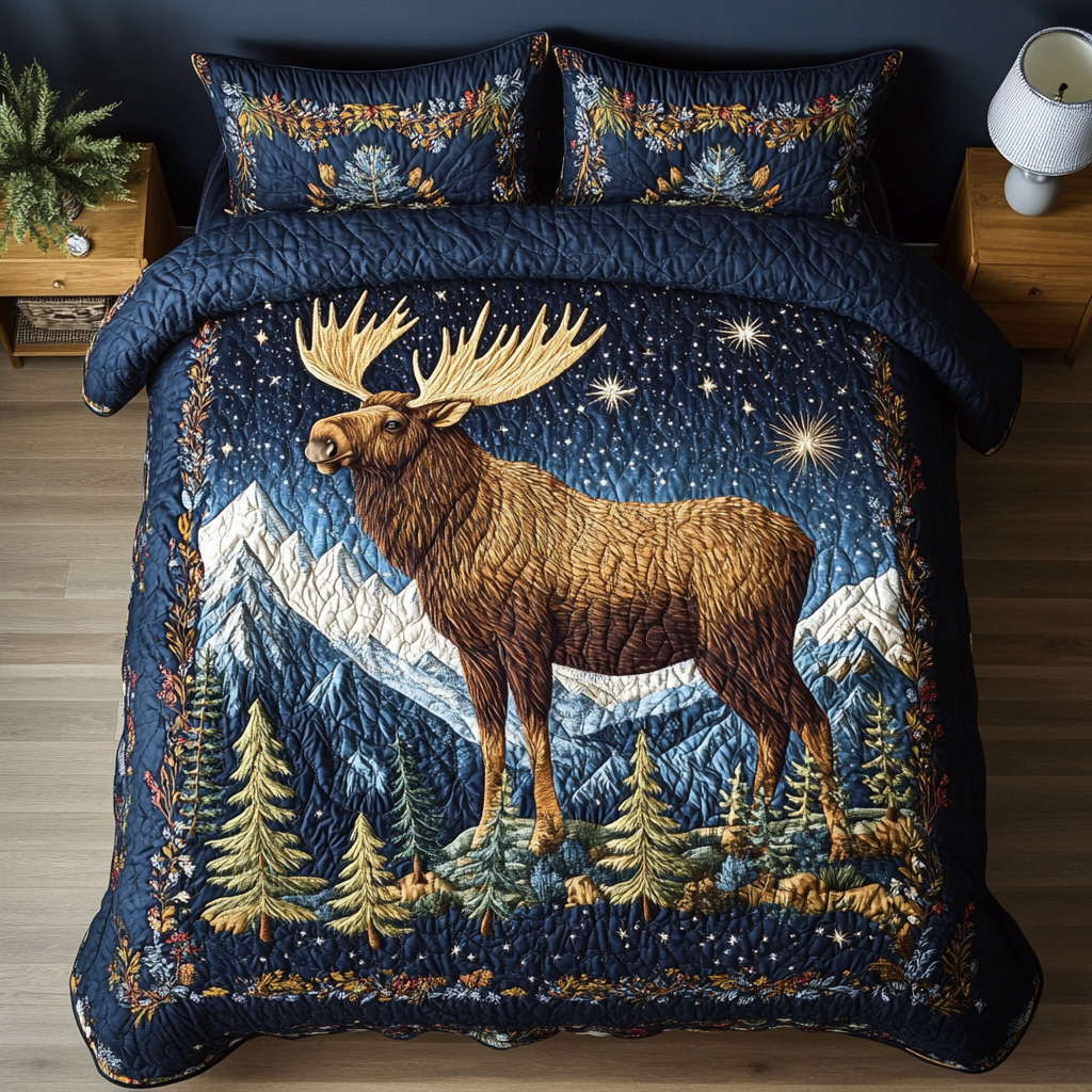 Moose Night 3-Piece Quilted Bedding Set NCU0DK9749 – Vantique