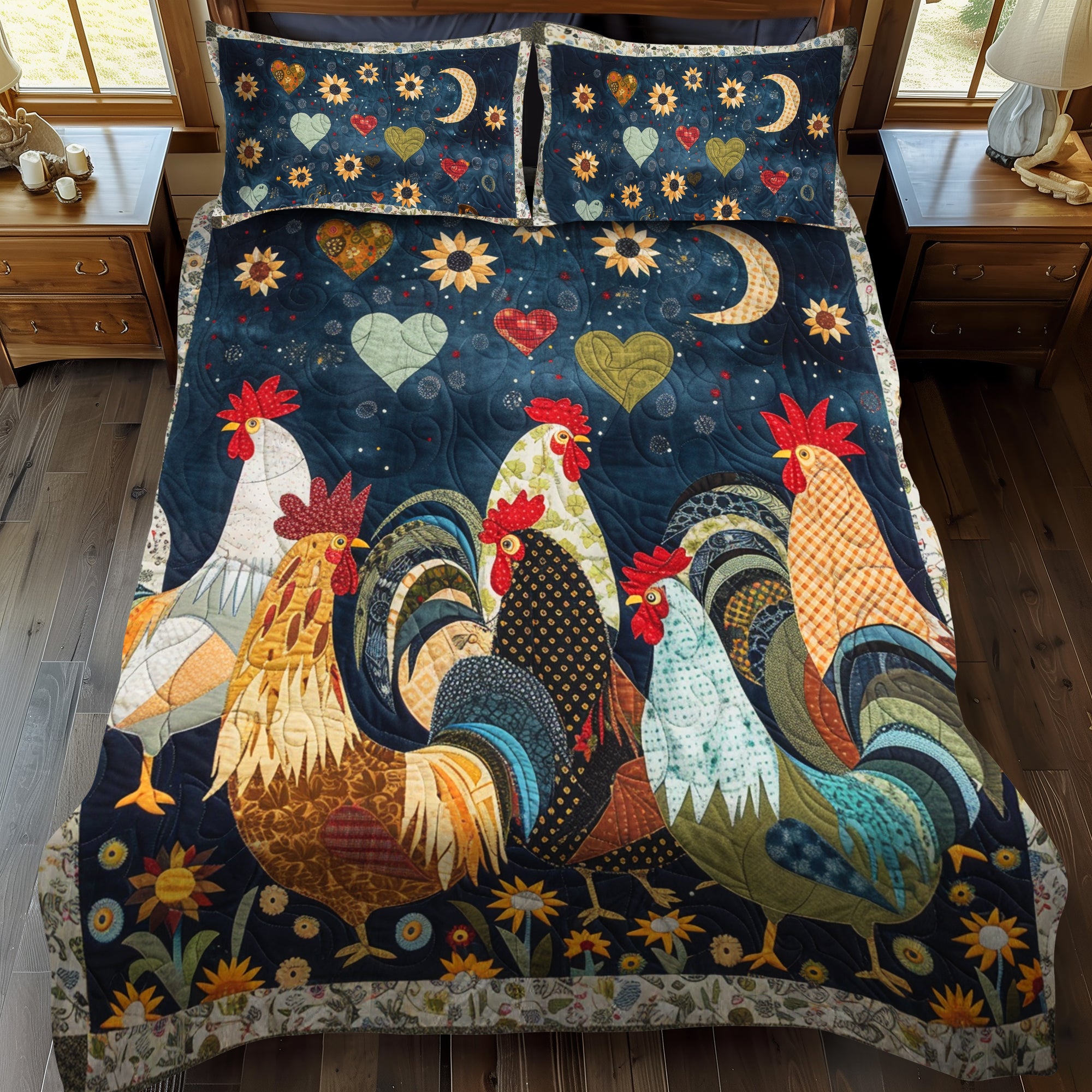 Night Roosters 3-Piece Quilted Bedding Set NCU0TH853 – Vantique
