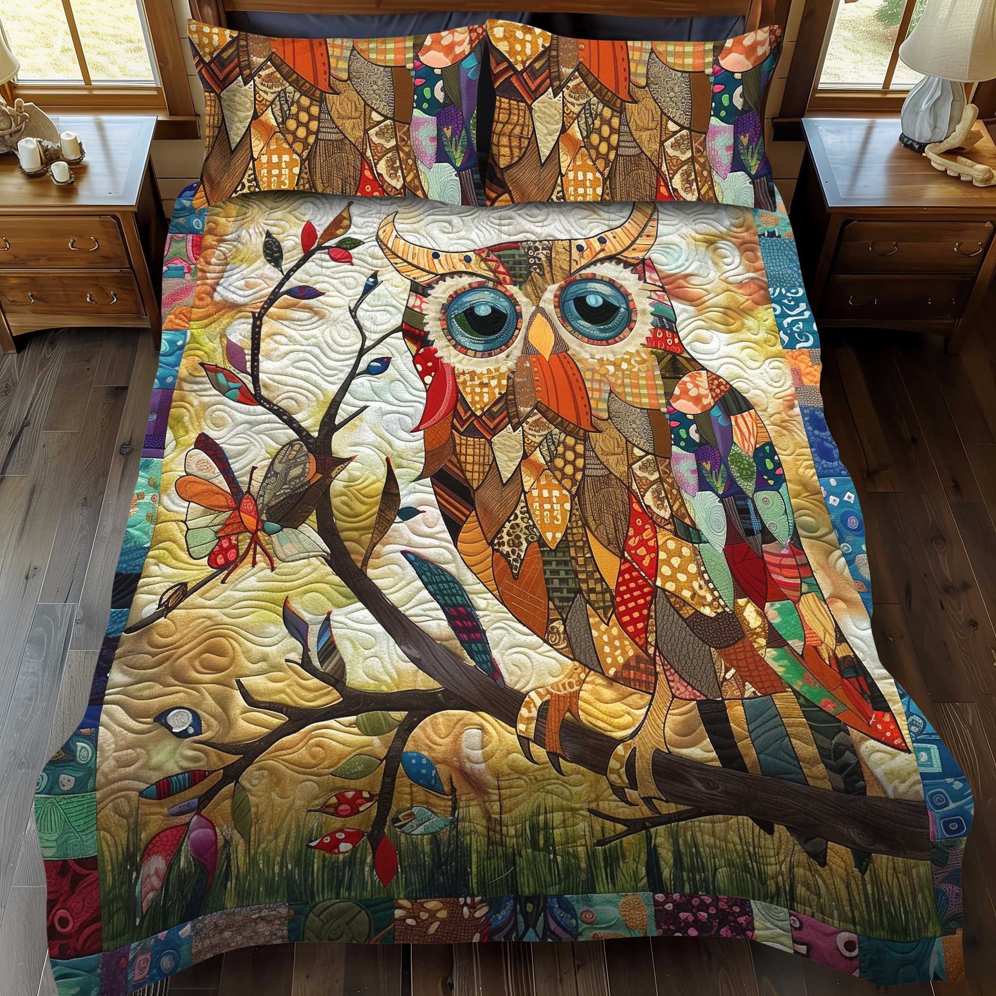 Vintage Owl Patchwork 3-Piece Quilted Bedding Set NCU0HY012 – Vantique