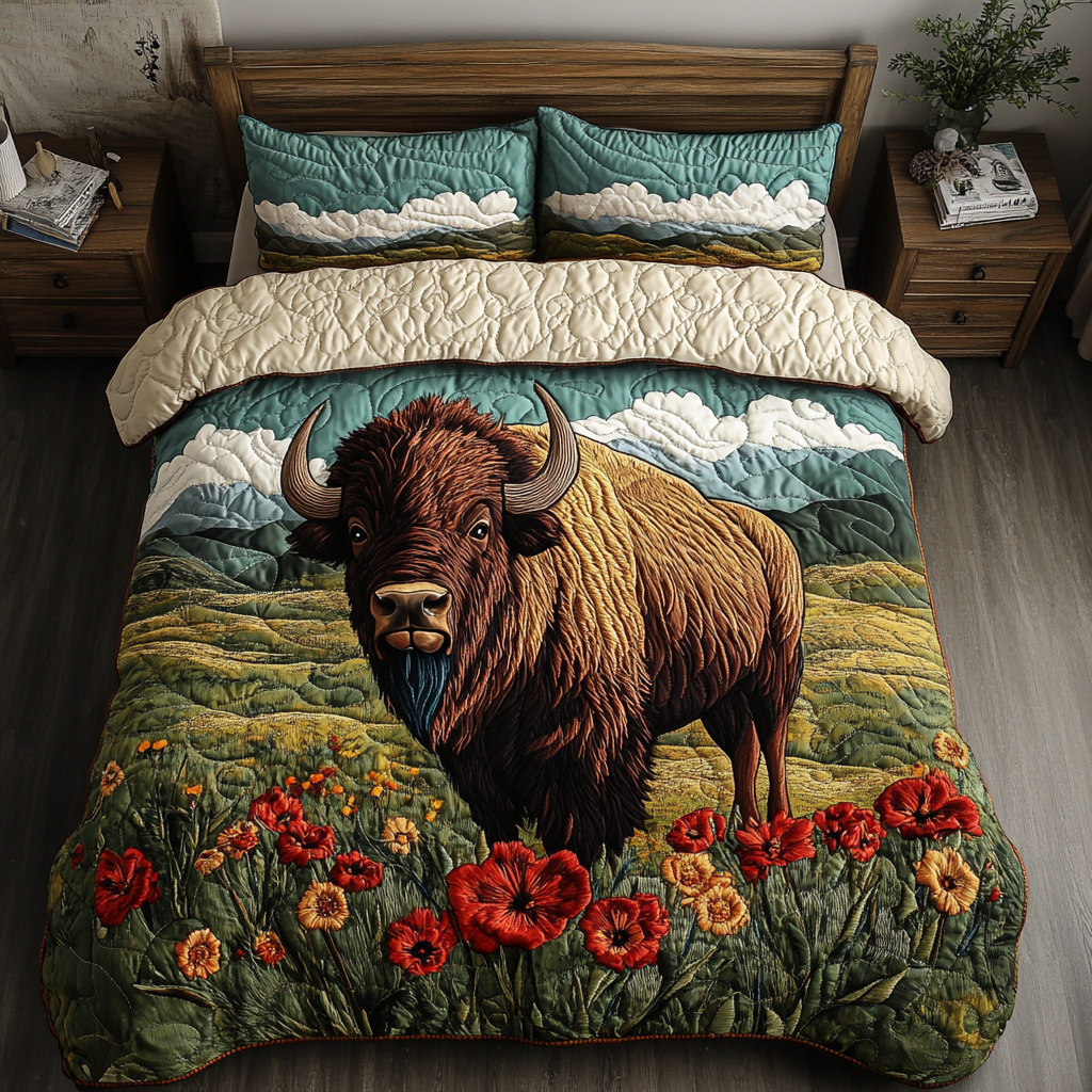 Oklahoma Bison Adventure 3-Piece Quilted Bedding Set NCU0VH4704 – Vantique