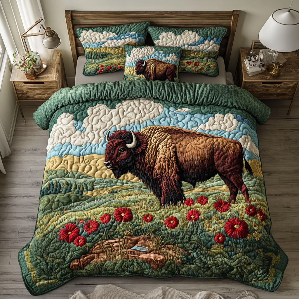 Oklahoma Buffalo Spirit 3-Piece Quilted Bedding Set NCU0VH4706 – Vantique