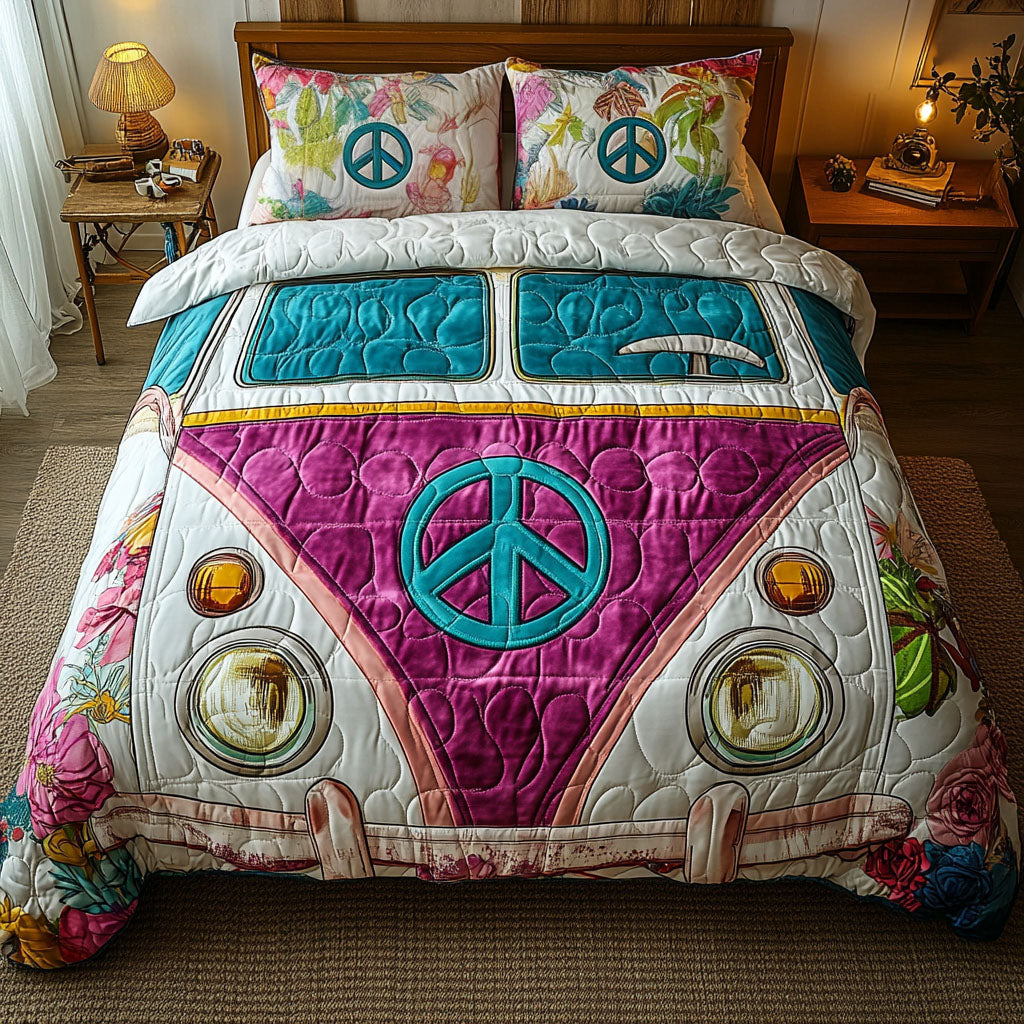 Peace Van Pink 3-Piece Quilted Bedding Set NCU0NT4257 – Vantique