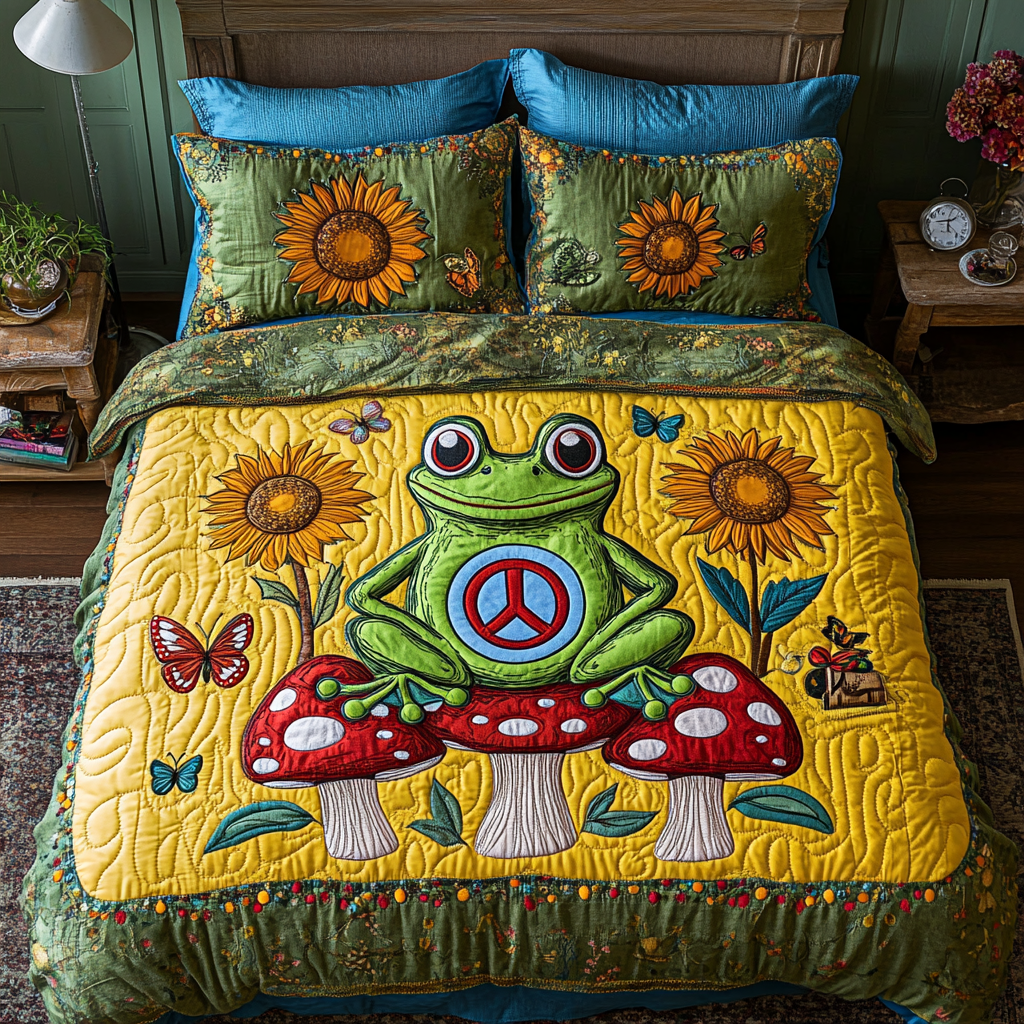 Peaceful Frog 3-Piece Quilted Bedding Set NCU0DK7902 – Vantique